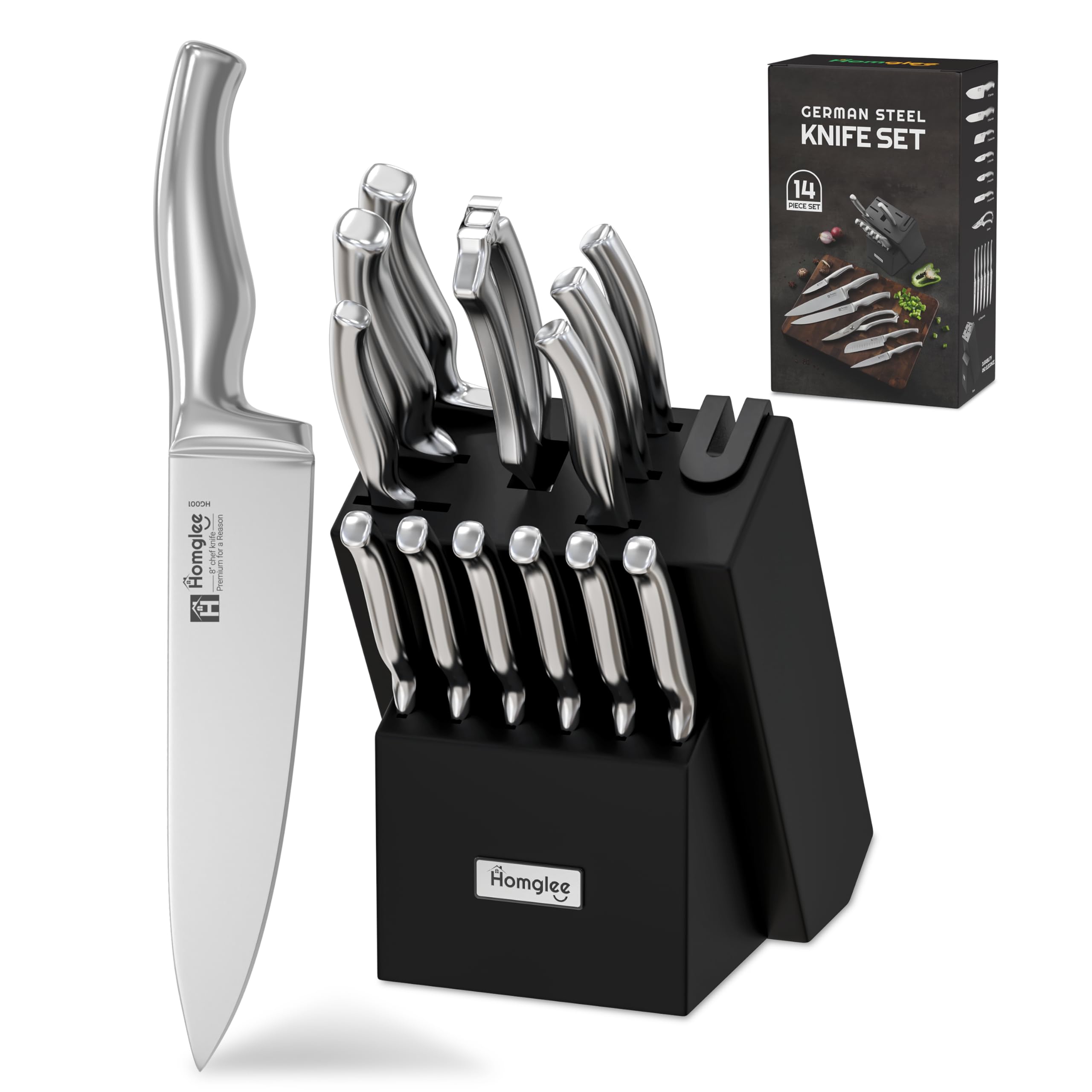 Amazon.com: Homglee Knife Set – 14 Pieces Kitchen Knife Set with Block ...
