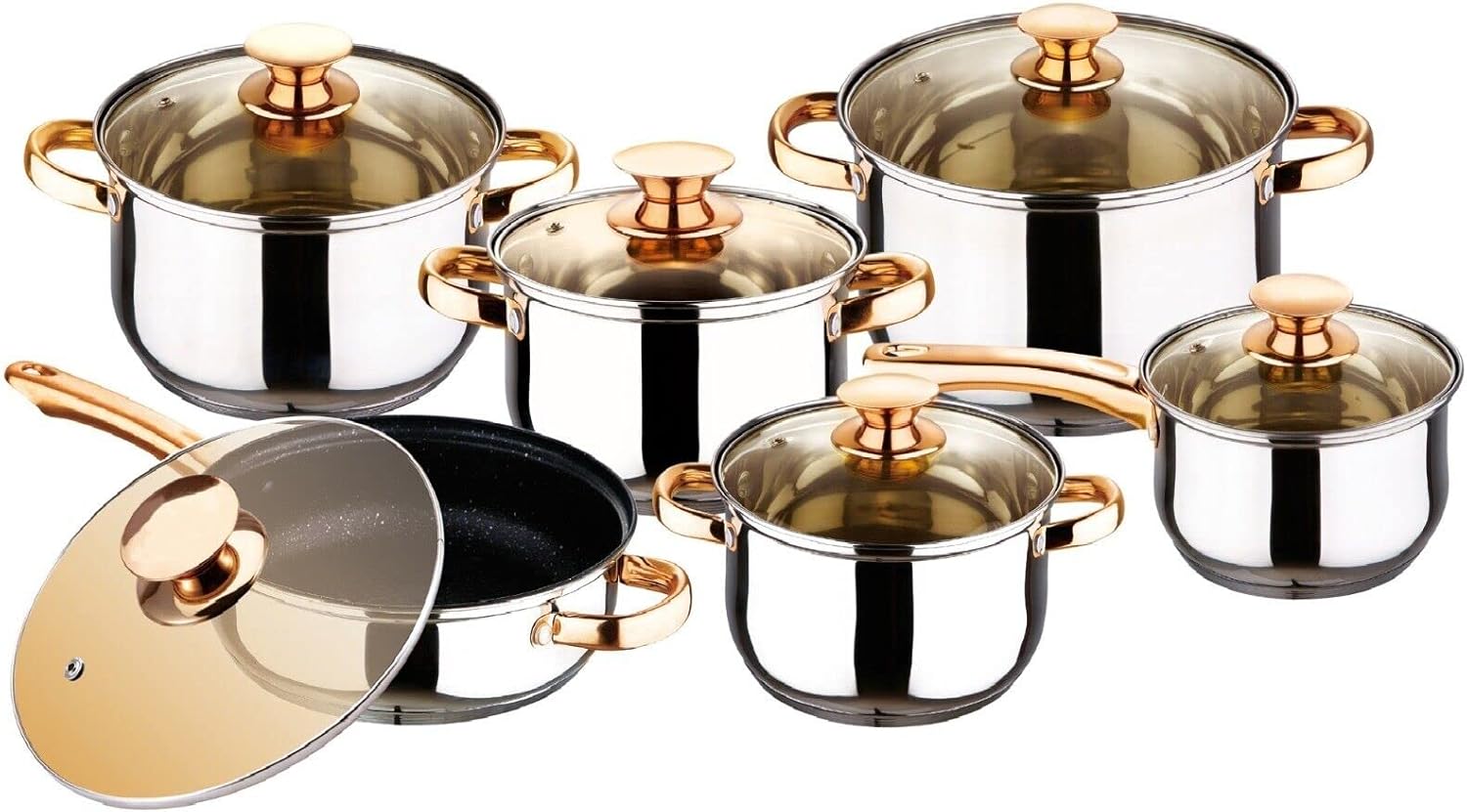 12pc Induction PAN Set Glass LIDS Stainless Steel Kitchen COOKWARE Pot ...
