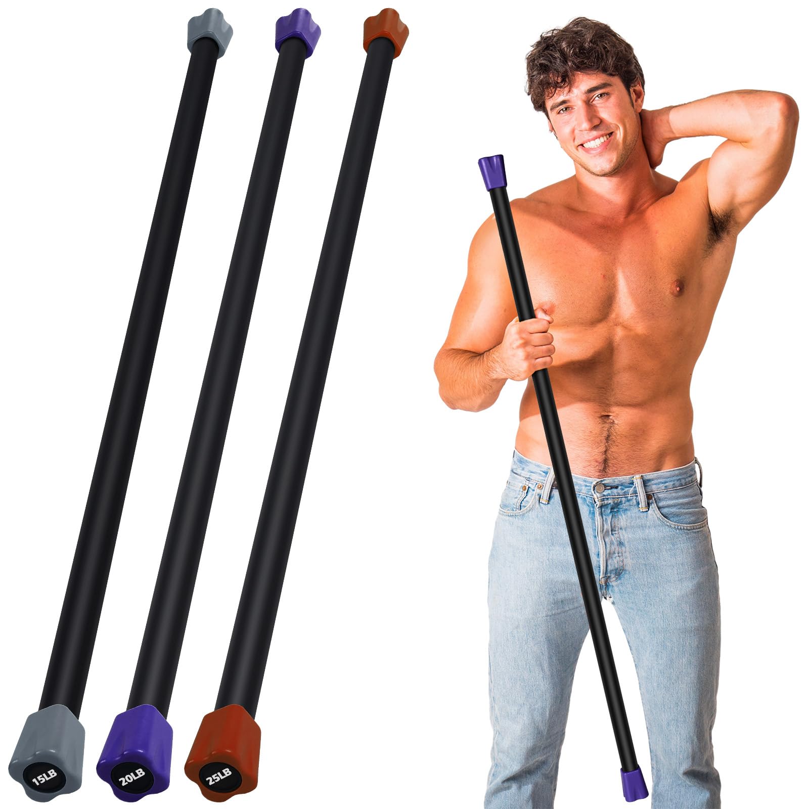 Leyndo 3 Pcs Weighted Workout Bar Exercise Bars for Home Workouts ...