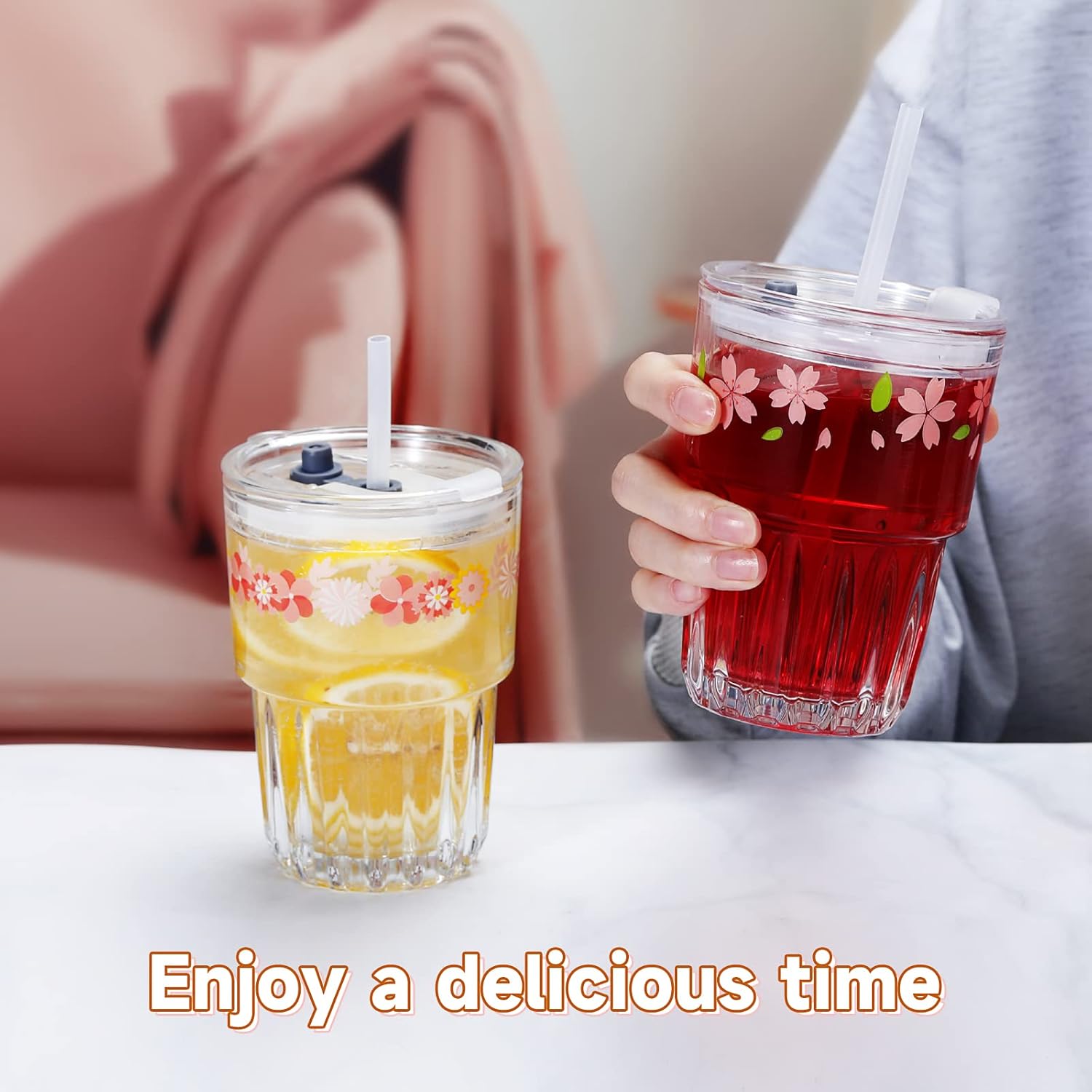 2 Pack 12oz Drinking Glass Tumbler with Lids and Straws,Reusable Mason ...