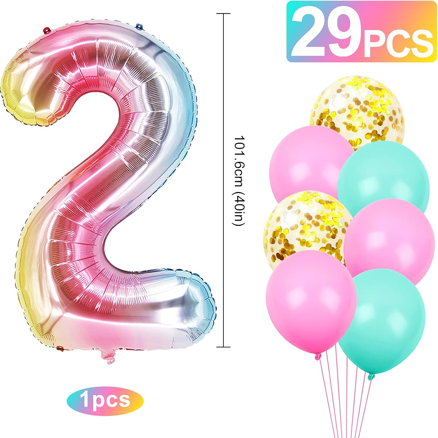 onehous 40 Inch Rainbow Number 2 Balloon, Large Gradient Helium Balloon ...