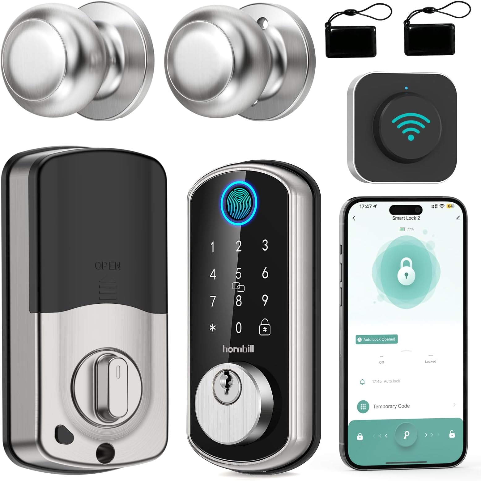 Smart WiFi Door Lock Set: Hornbill Silver Keyless Entry Door Lock ...