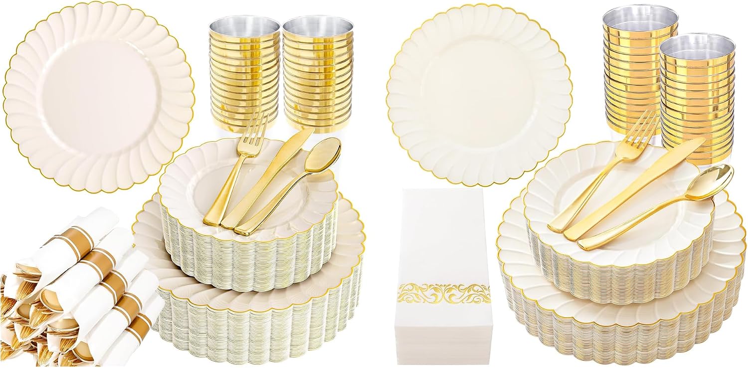 Amazon.com: YOUBET 350PCS Ivory Scalloped Plastic Plates and 175PCS ...