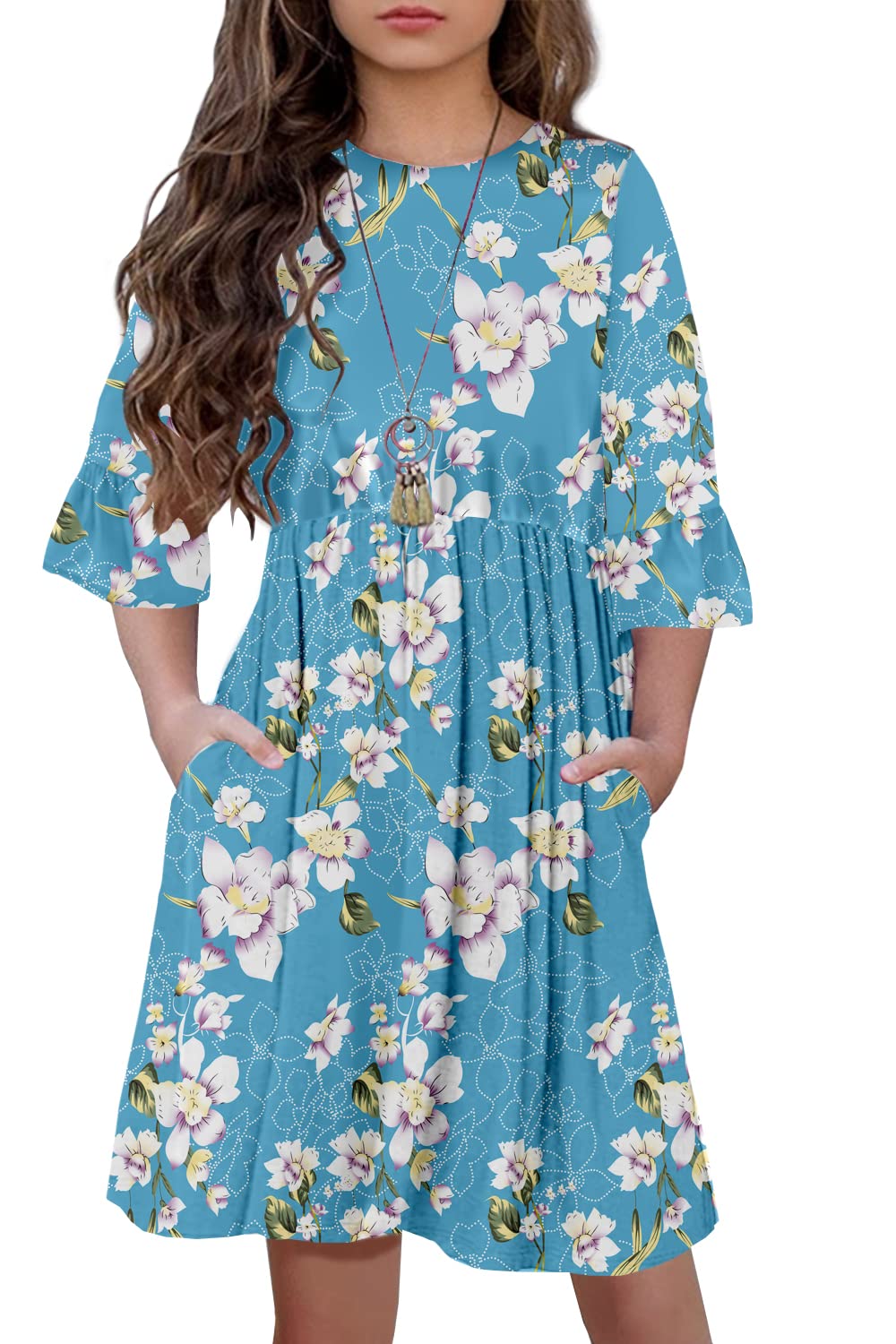 Amazon.com: HOSIKA Girls Midi Dress Floral 3/4 Sleeve Ruffle A-line ...