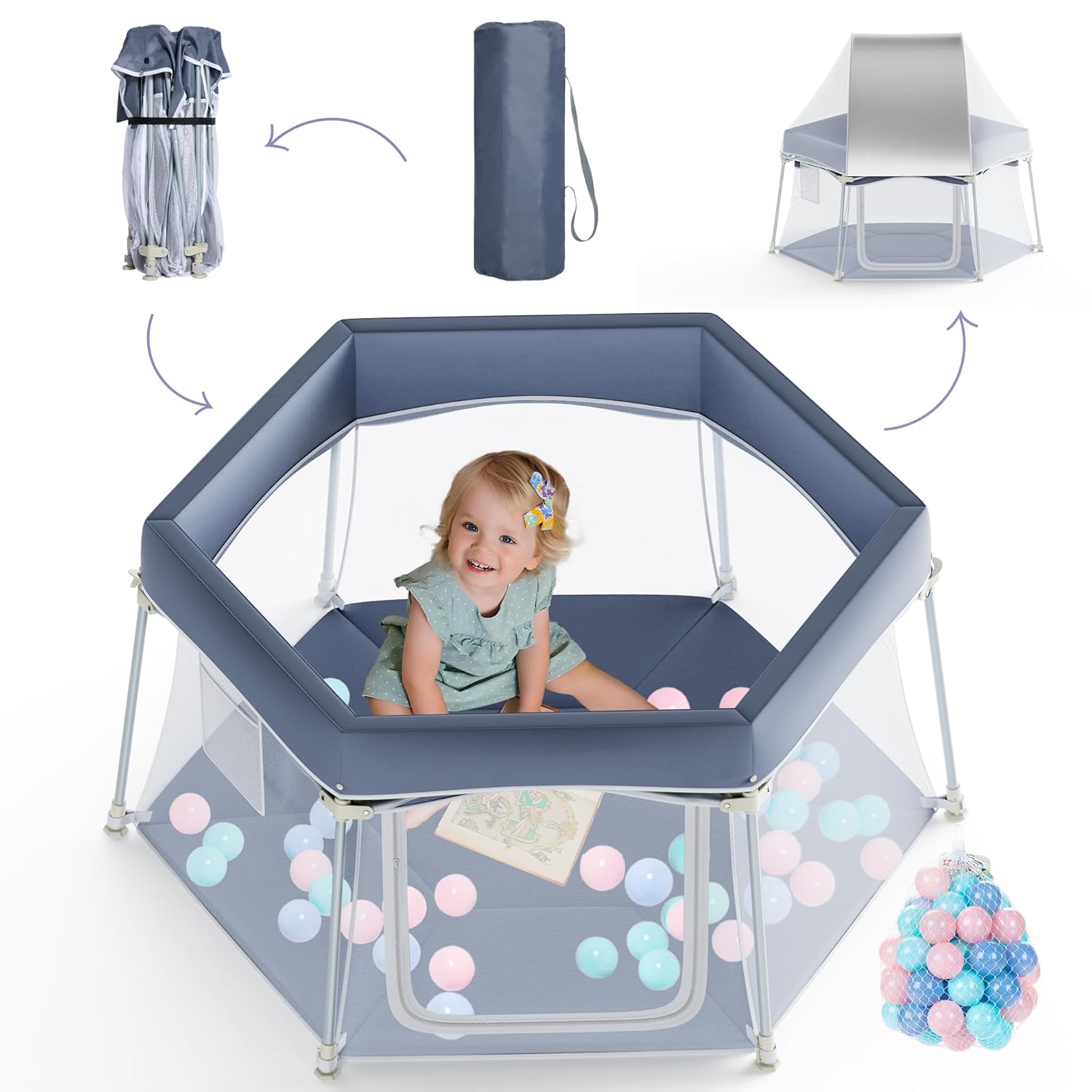Amazon.com : HUSHLUFF Foldable Baby Playpen with Canopy, Portable ...