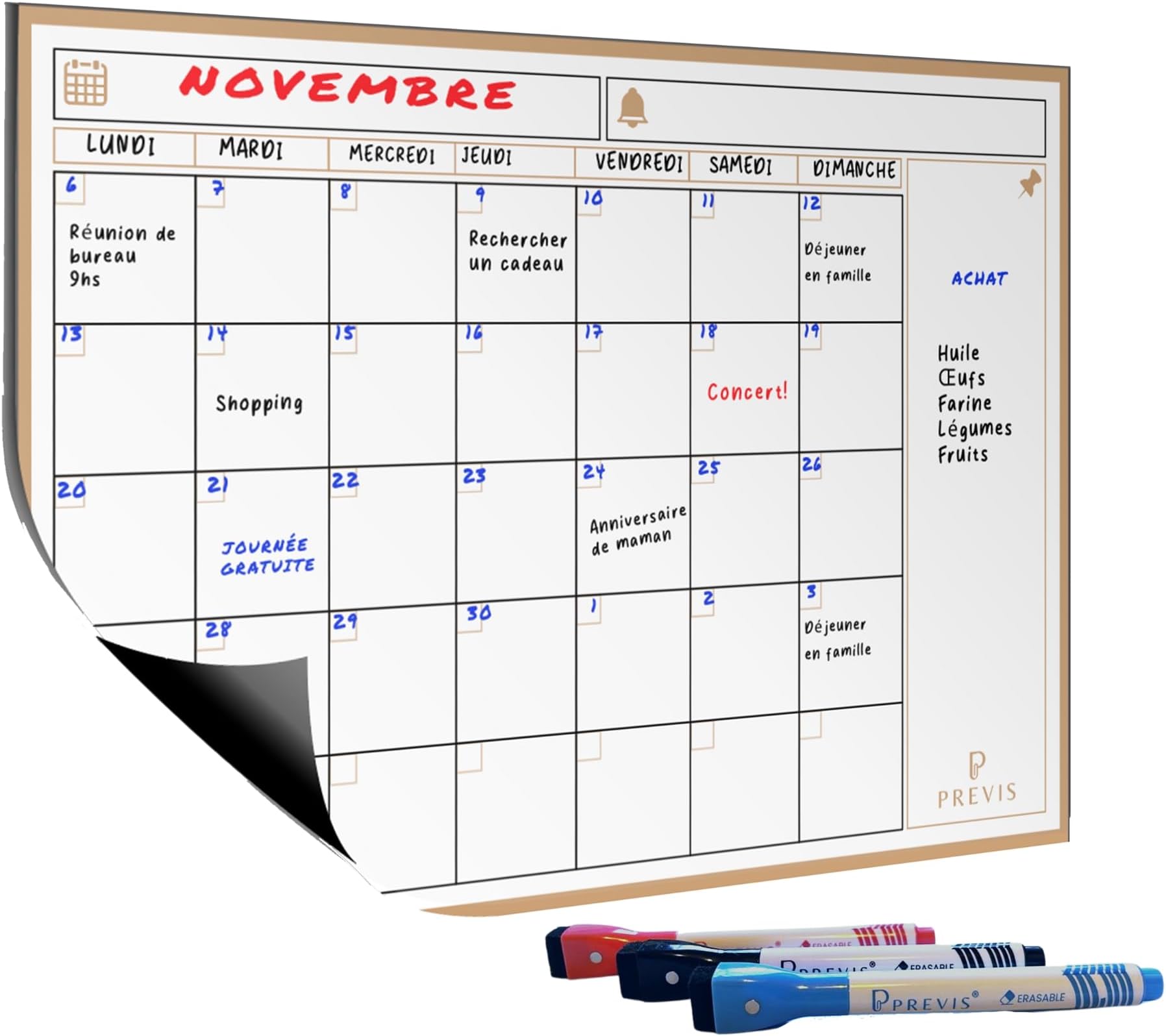 Previs Calendrier Magnetique Frigo A4 (21X29CM) avec 3 Marqueurs ...