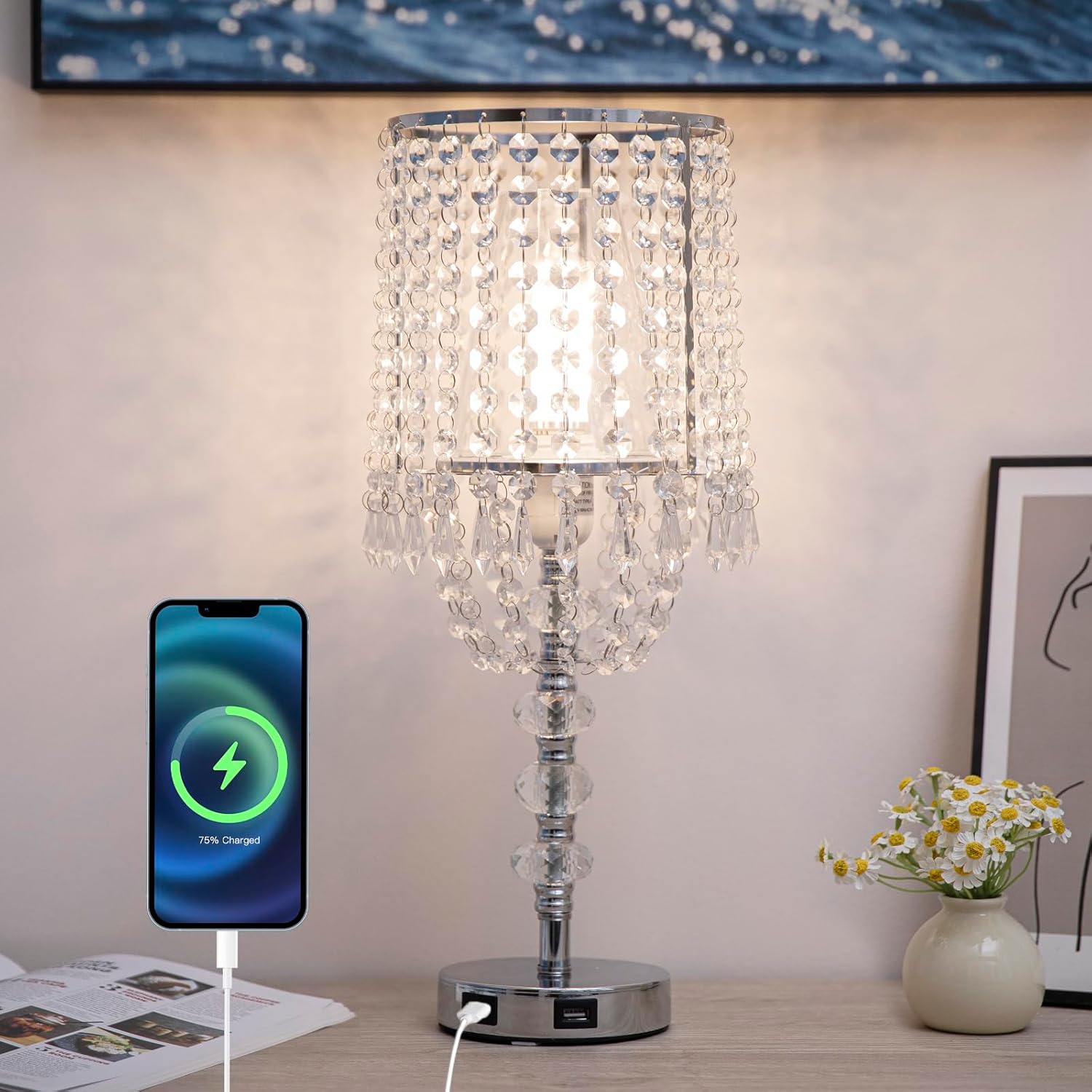 Touch Control Crystal Table Lamp, 3-Way Dimmable Bedside Lamp with USB ...