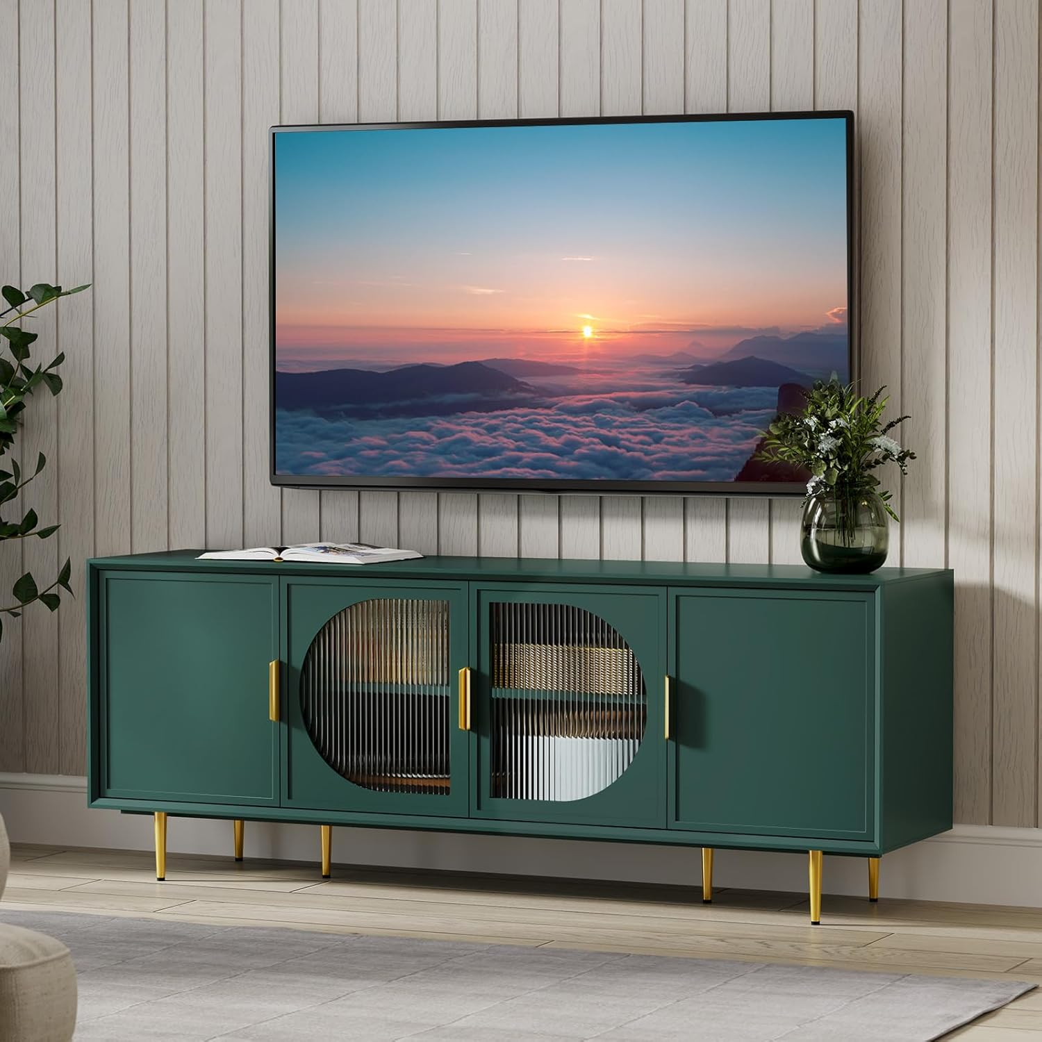 HOLTICO TV Stand Unit, Modern Green TV Stand Cabinet with Storage and 4 ...
