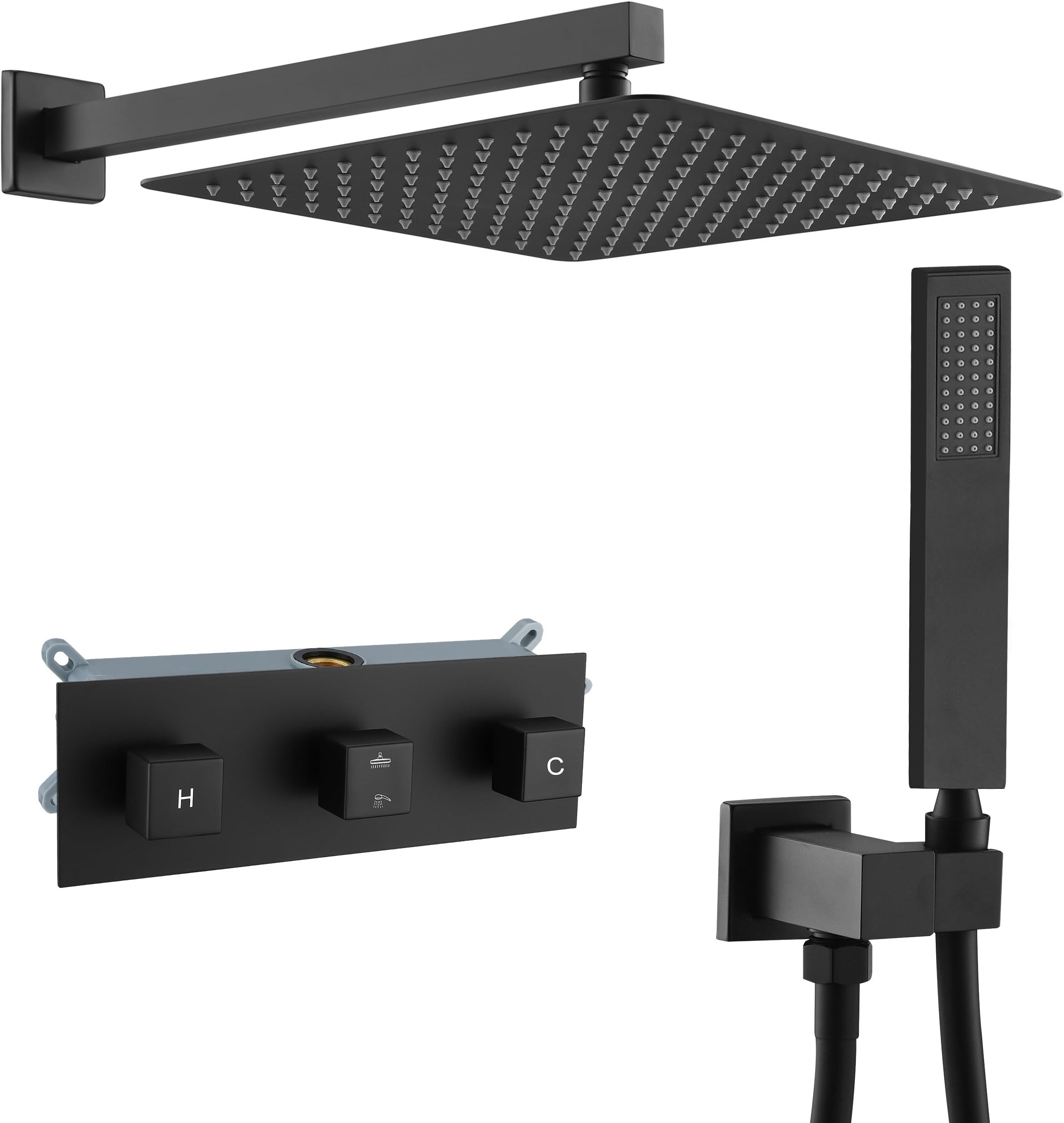 TNOMS Matte Black Rainfall Shower System with 12 Inch Rainfall Shower ...