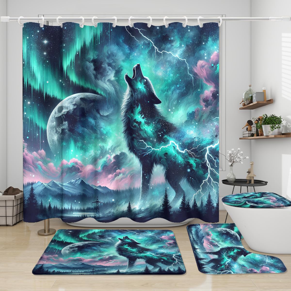 Amazon.com: Fantasy Misty Forest Howling Wolf Shower Curtain Sets 4 Pcs ...
