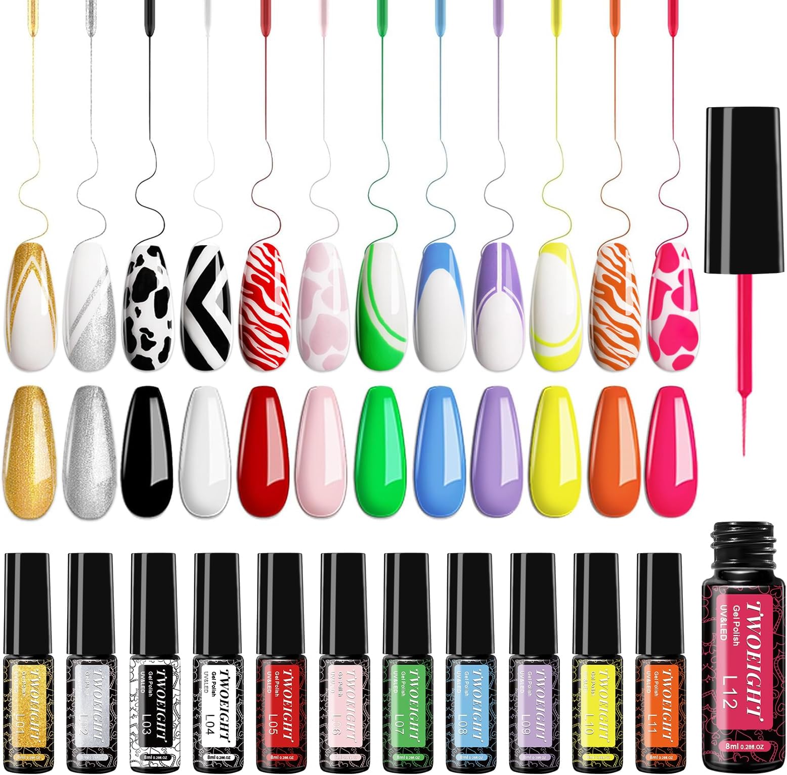 Amazon.com : eodci Nail Polish Gel Liner Set, 12 Colors White Brown ...