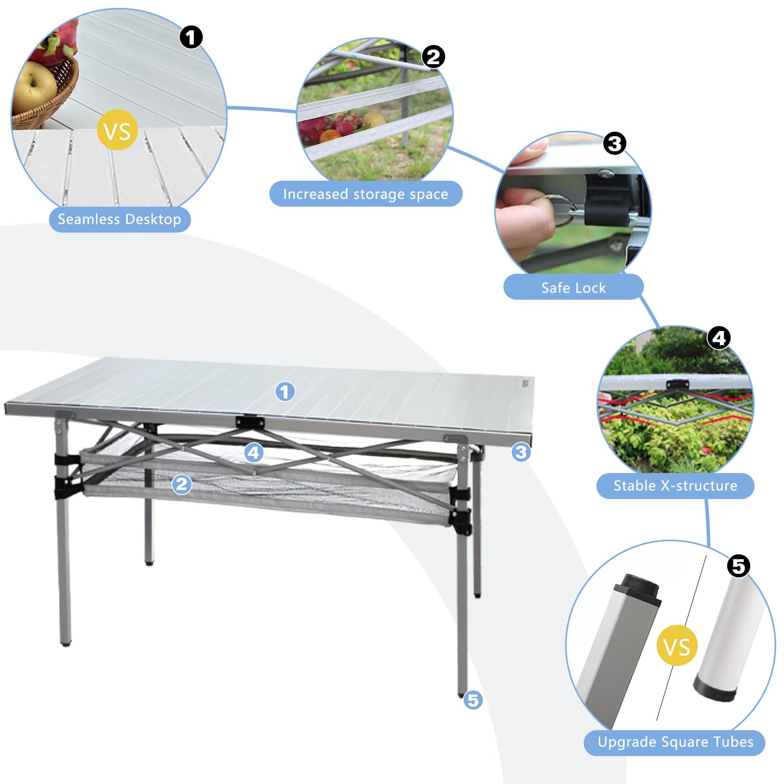 POEPORE Large Folding Camping Table Aluminum with Storage for 4-6 ...