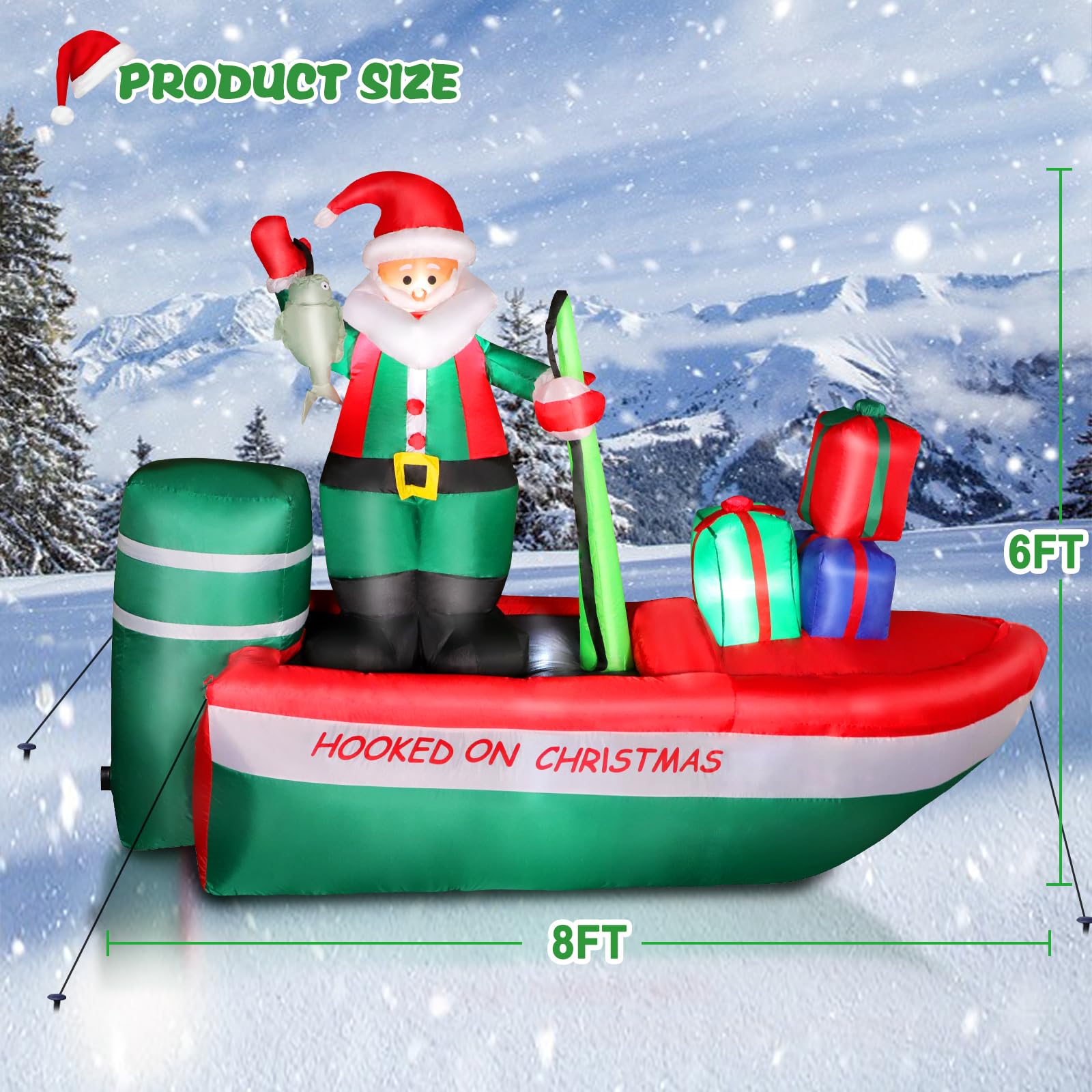 8FT Christmas Inflatable Santa Fishing on a Boat with Colorful Gift ...