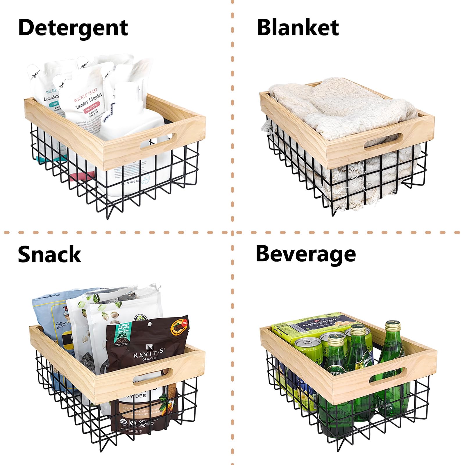 Wood Basket Set Of 2 Small Wire Baskets, Narrow Rustic Storage Bin For ...