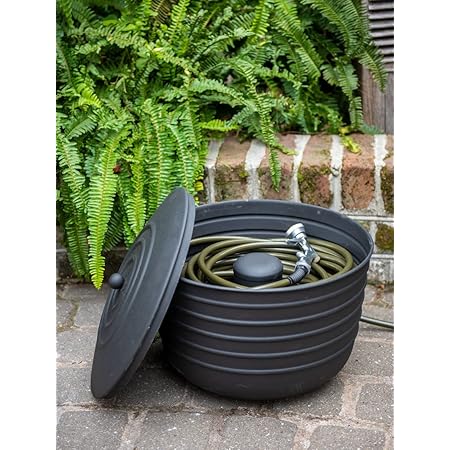 Amazon.com : DECORATIVE RESIN WICKER GARDEN HOSE BASKET ON STEEL FRAME ...