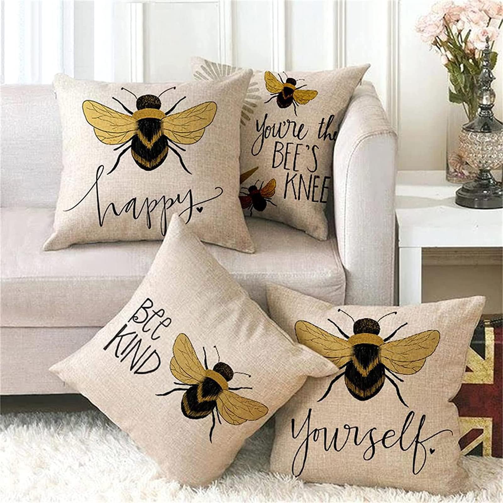 KUNQIAN Bee Cushions Cover Outdoor Waterproof Cushions Yellow Bee ...