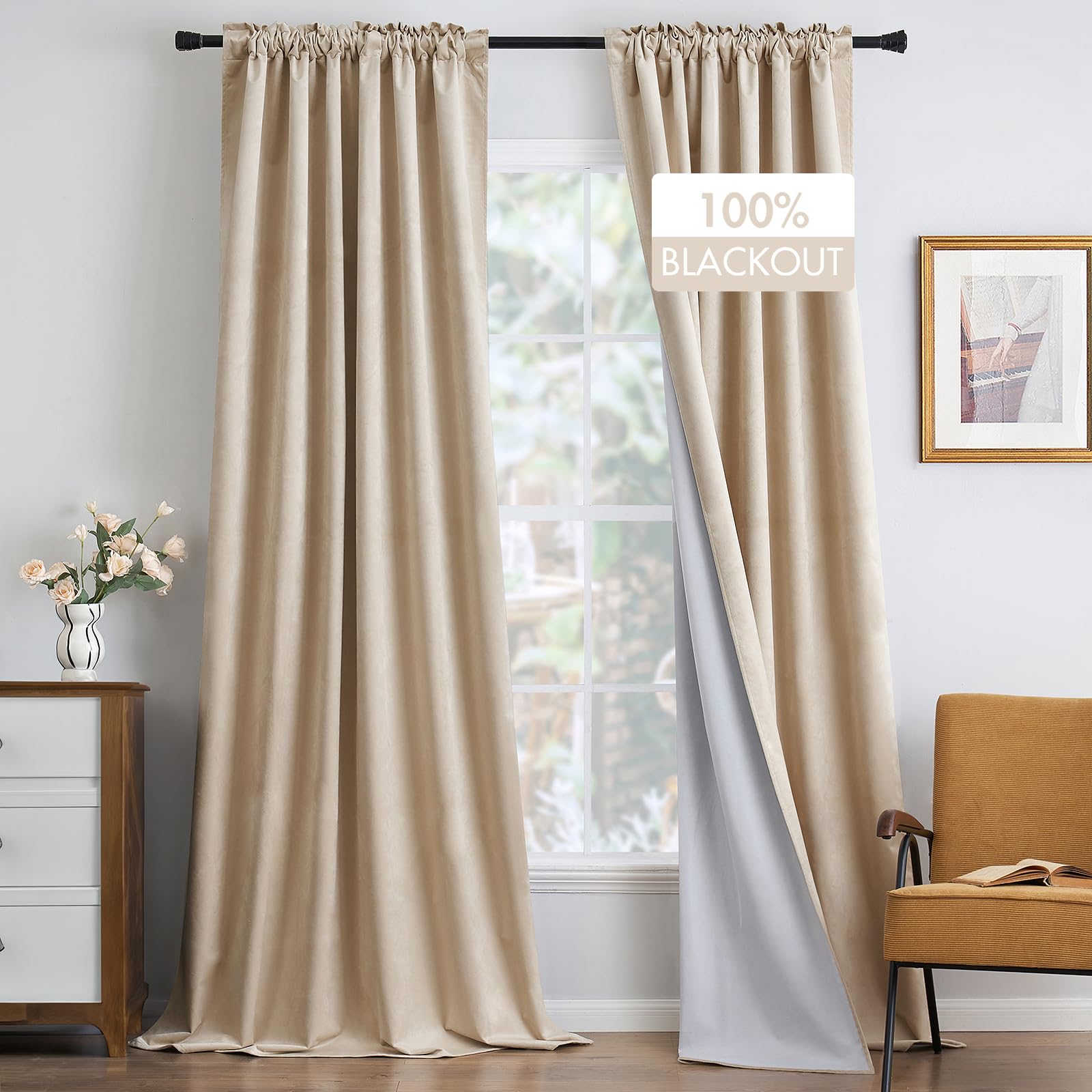MIULEE 100% Blackout Velvet Curtains Beige Thermal Insulated Curtain ...