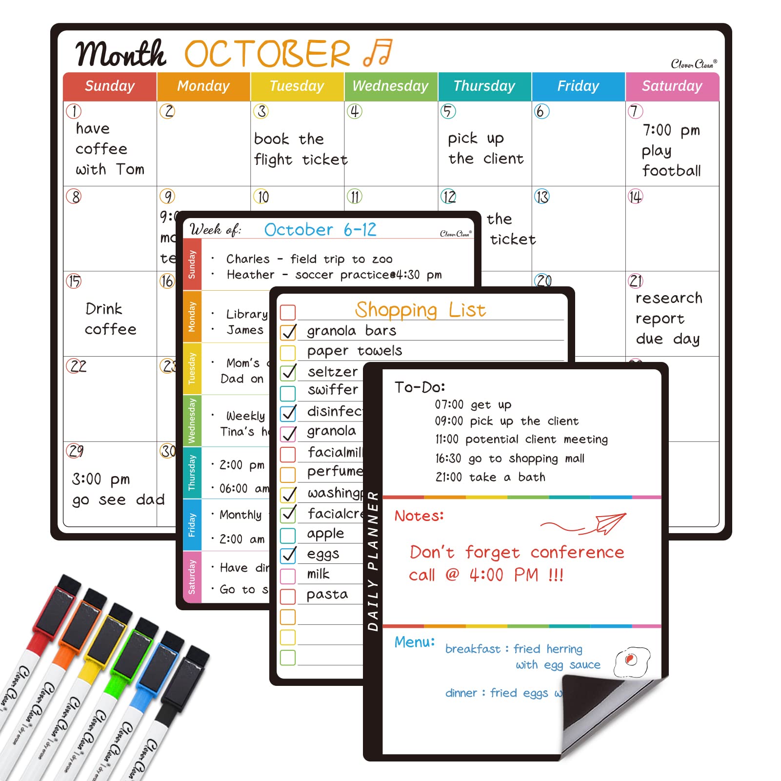 CLEVER CLEAN Magnetic Dry Erase Monthly Calendar Set - 14.5"x11 ...
