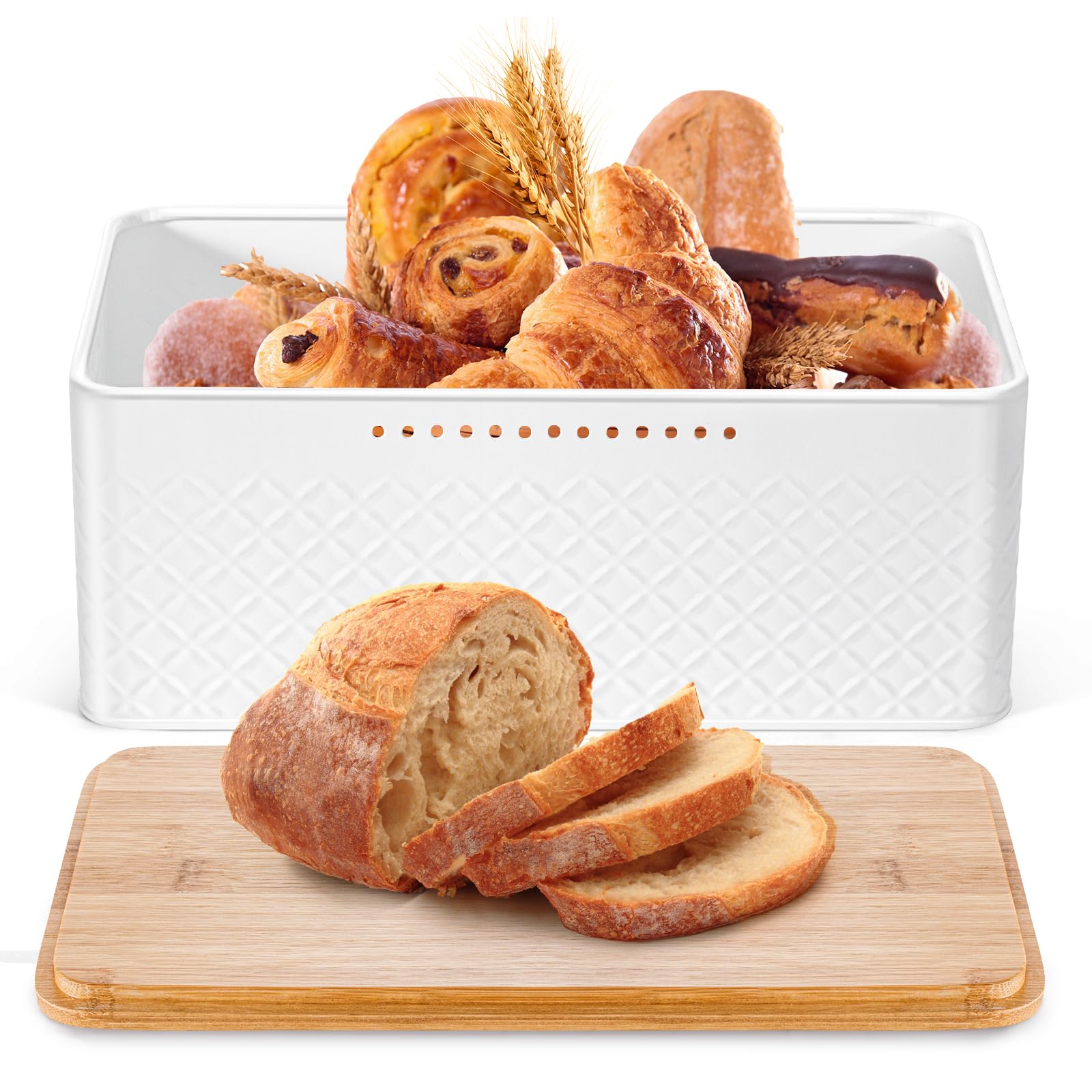 Dyserbuy Bread Bin, Bread Bins for Kitchen, White Bread Bin with Bamboo ...