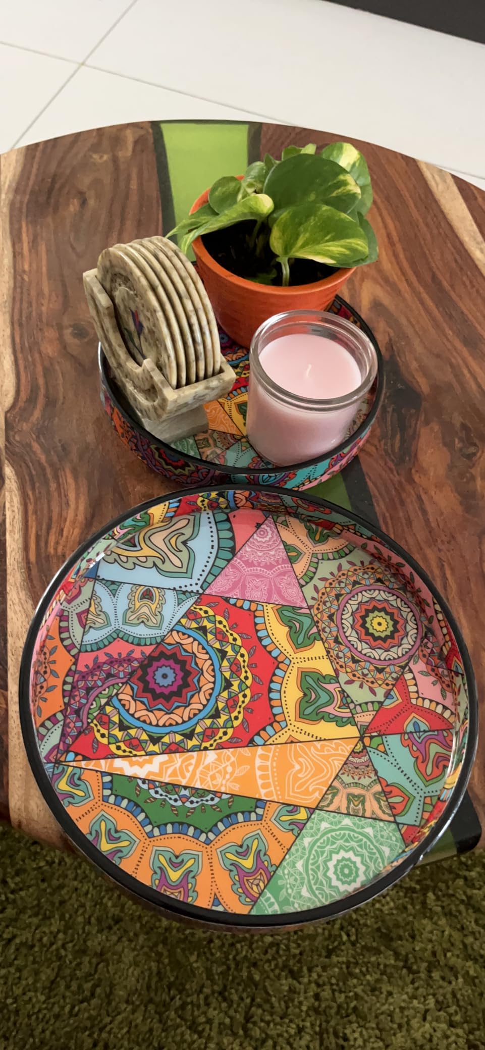 Neeldeco Multicolor Round Wooden Trays Set of 2 - Decorative Kitchen ...