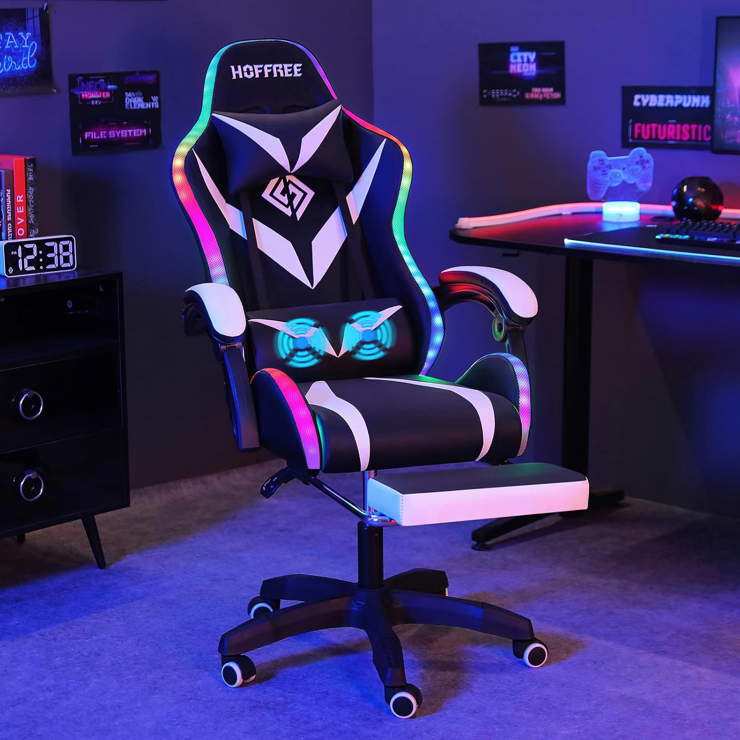Amazon.com: HOFFREE Gaming Chair with LED RGB Lights Massage Ergonomic ...