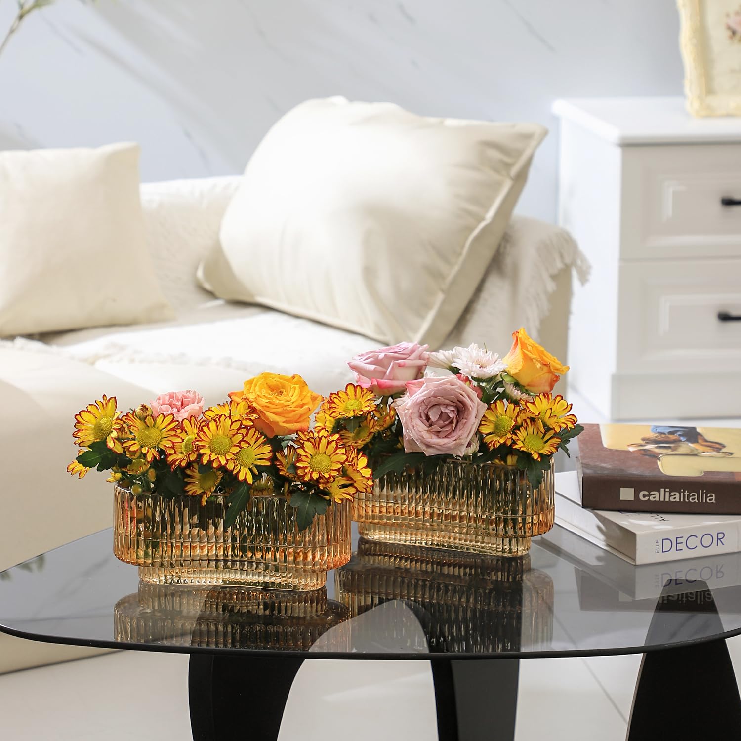 Snapklik.com : Ribbed Glass Vases, Amber Glass Vases Set Of 2, Small ...