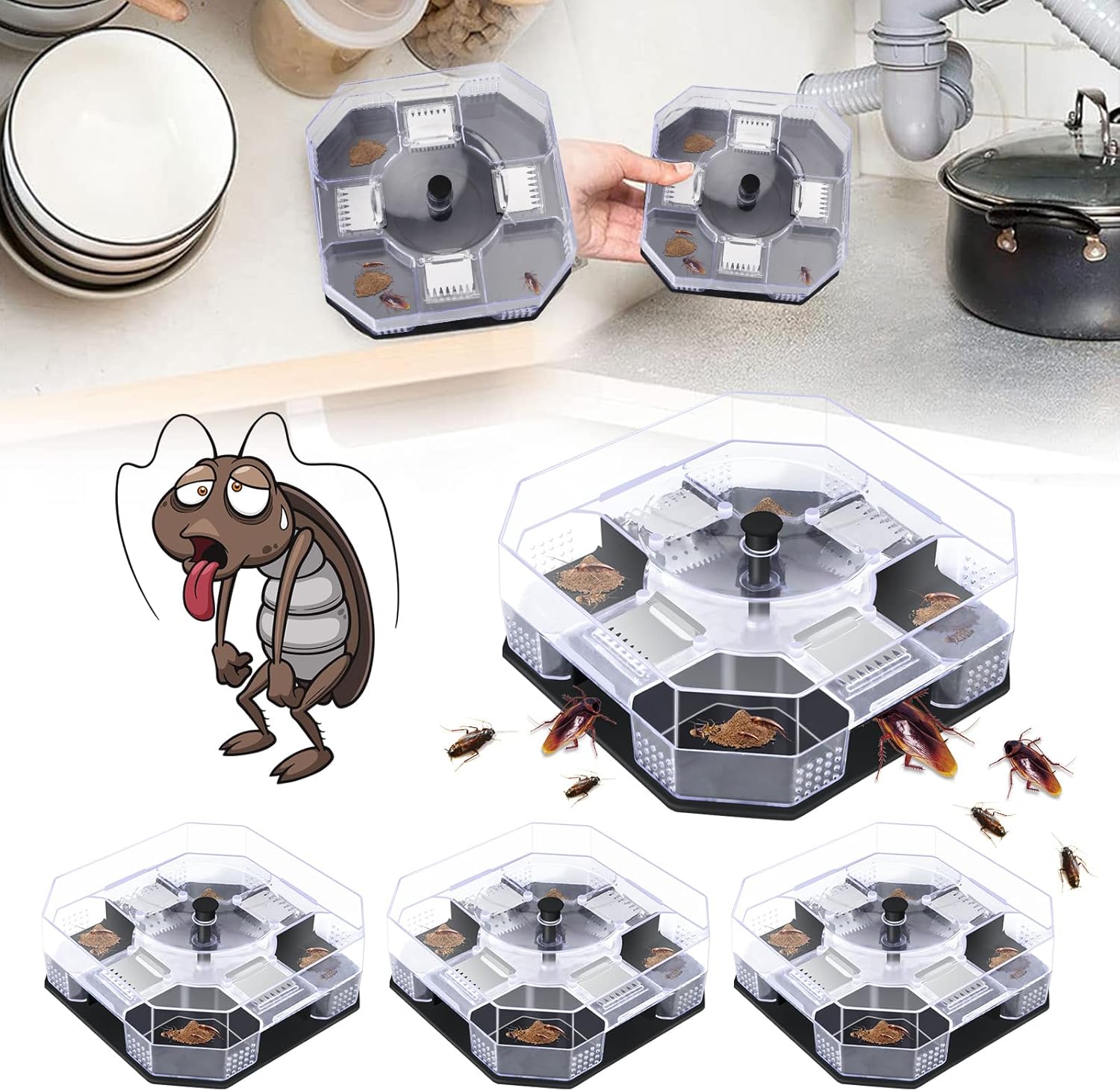4 Pack Cockroach Trap,Large Cockroach Catcher,Small Roach Bait Station ...