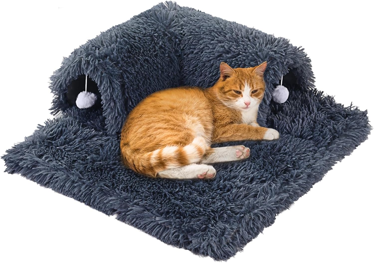 Amazon.com: HOMBYS Fluffy Plush Cat Tunnel Bed With 2 Hanging Ball Toys ...