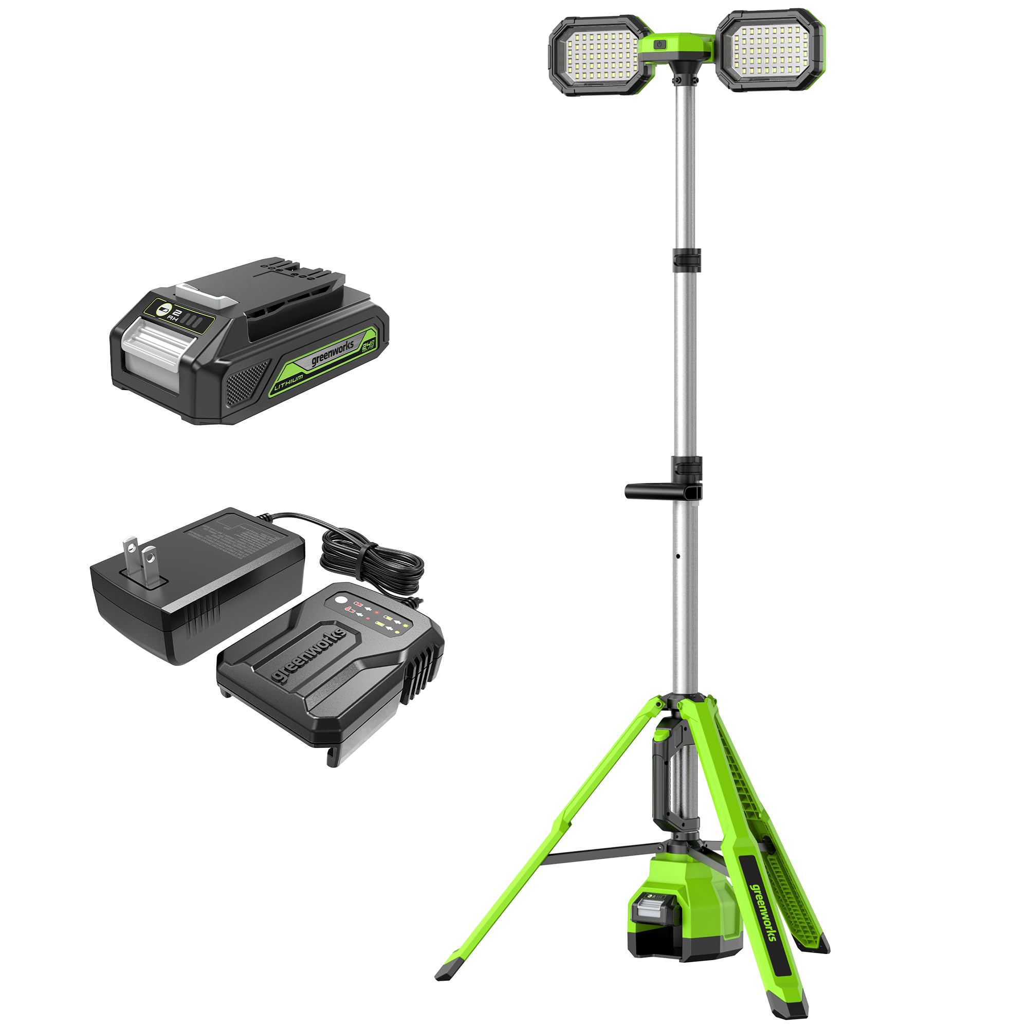 Greenworks 24V 3000 Lumen Hybrid (AC/DC) LED Dual Head Work Light, Dual ...