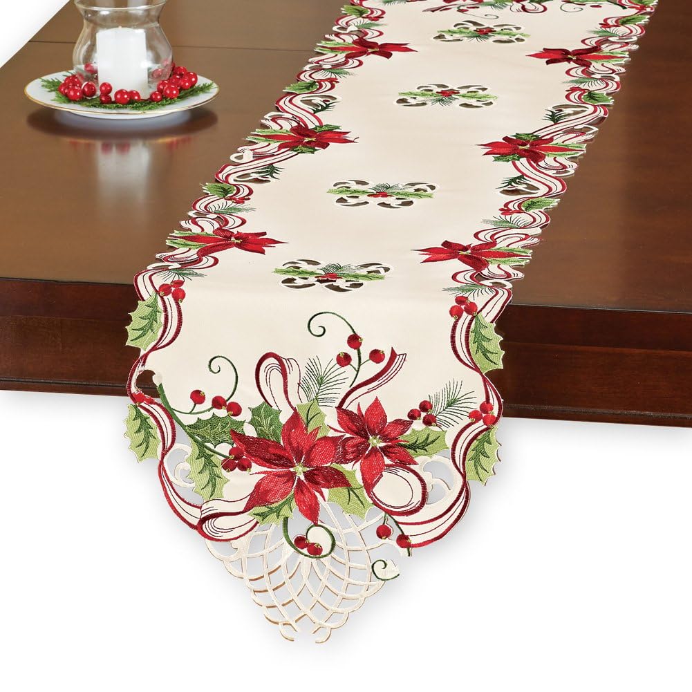 Amazon.com: Pretty Poinsettia & Berries Christmas Table Linens, Runner ...