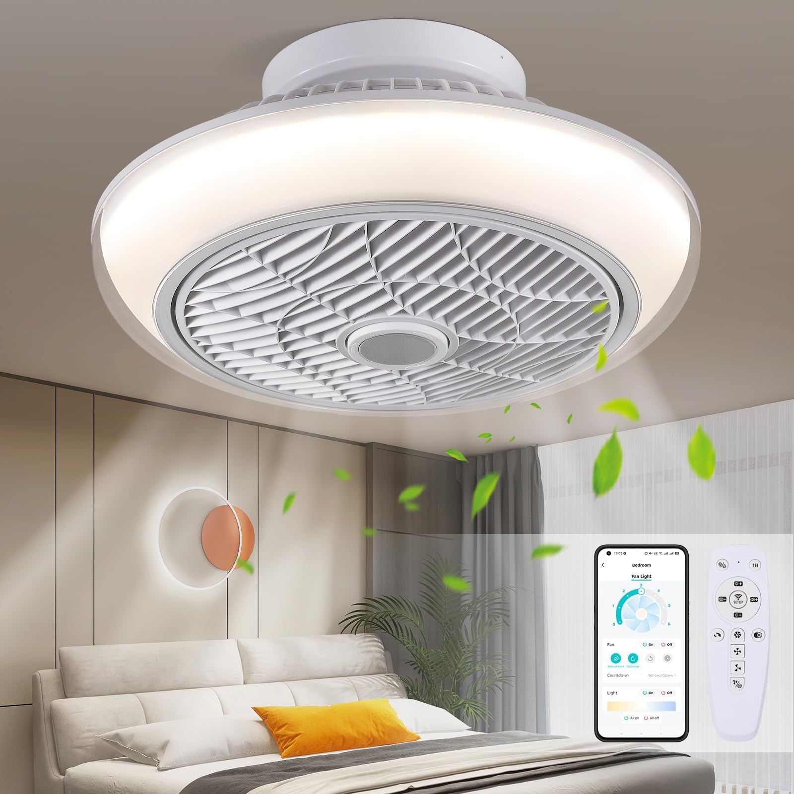 Kviflon Bladeless Ceiling Fans with Lights and Remote, 18.2" Low ...