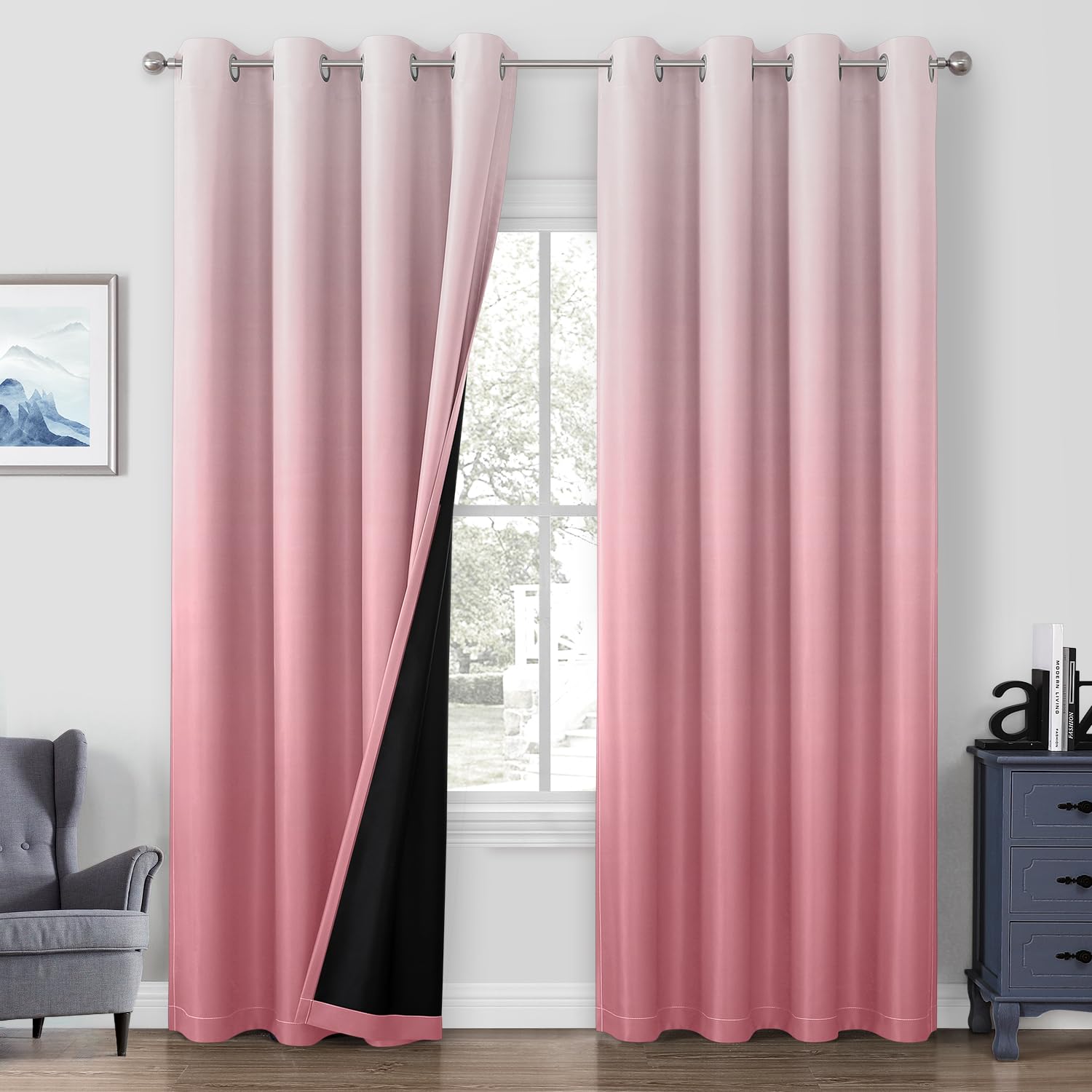 Amazon.com: HOMEIDEAS Pink Full Ombre Blackout Curtains for Bedroom, 52 ...