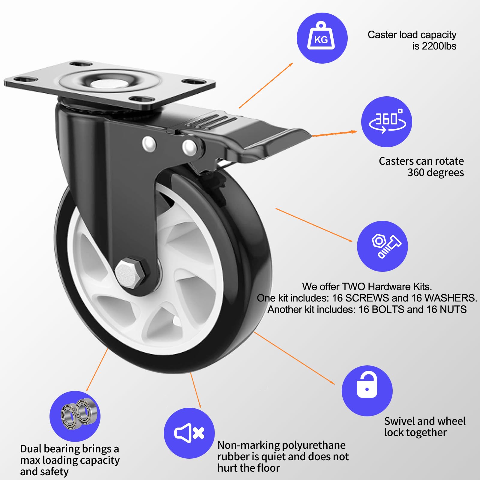 Snapklik.com : 5 Inch Caster Wheels, Swivel Casters Set Of 4, Heavy ...