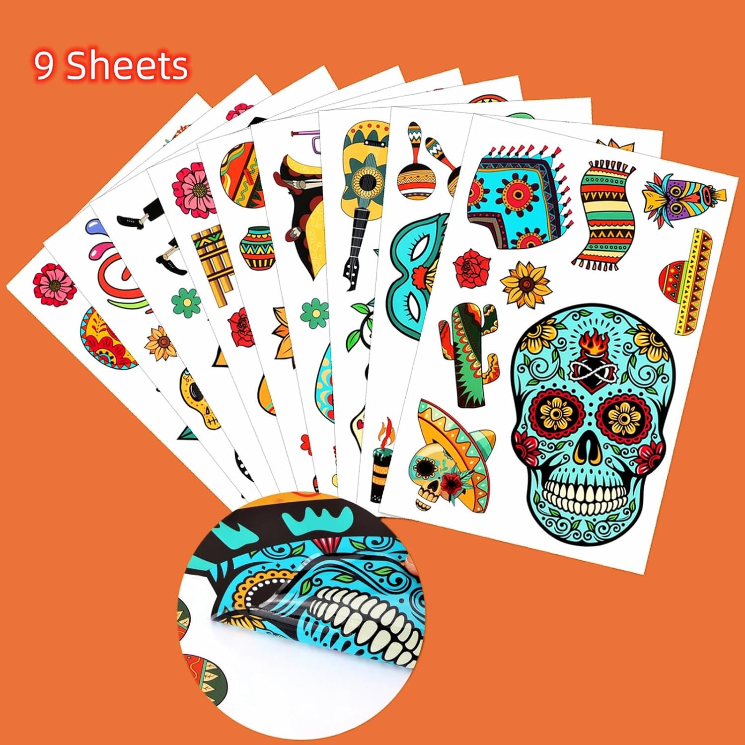 9 hojas de calcomanías para ventana del Día de los Muertos mexicanos ...