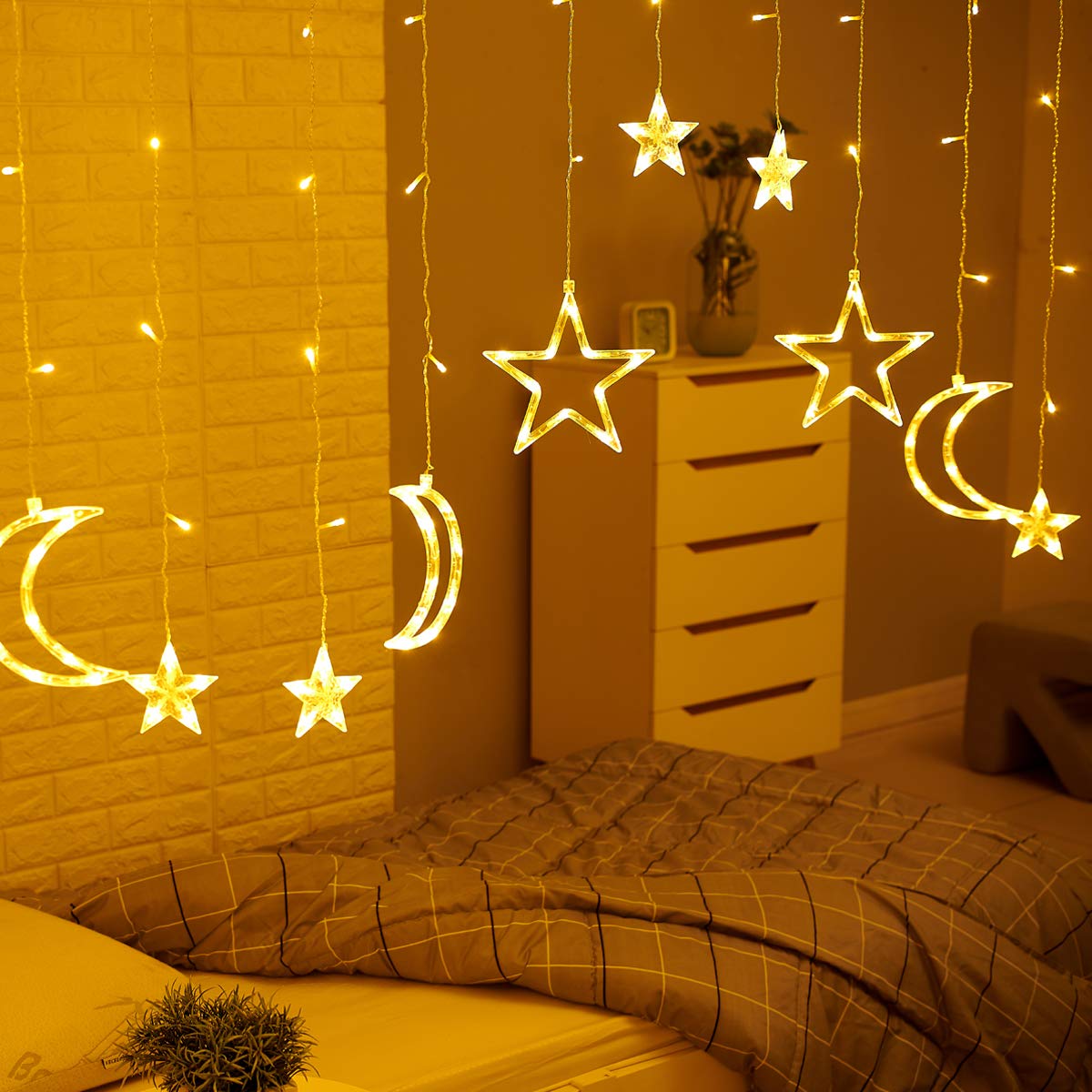 7.5ft Decorative Starry String Curtain Lights Moons and Stars LED Night ...
