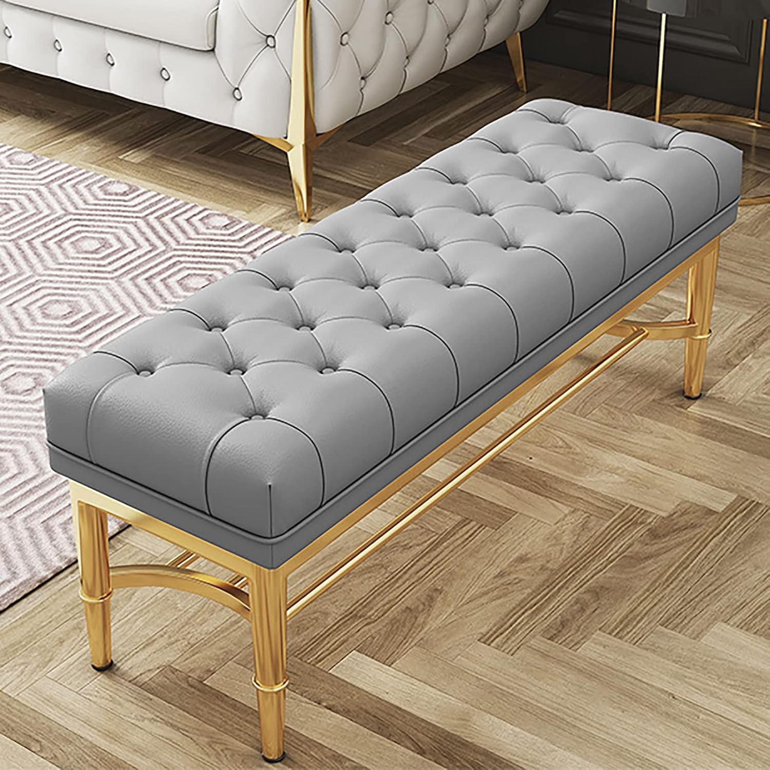 Amazon.com: Premium Leather Entryway Bench with Golden Shoe Rack,Button ...