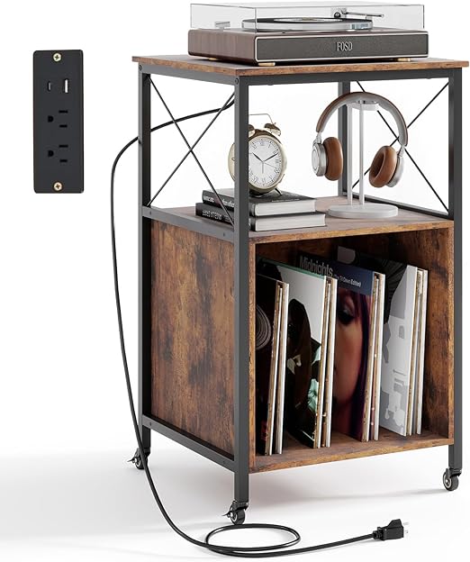 Giantex Record Player Stand with Charging Station, Rolling 3-Tier ...