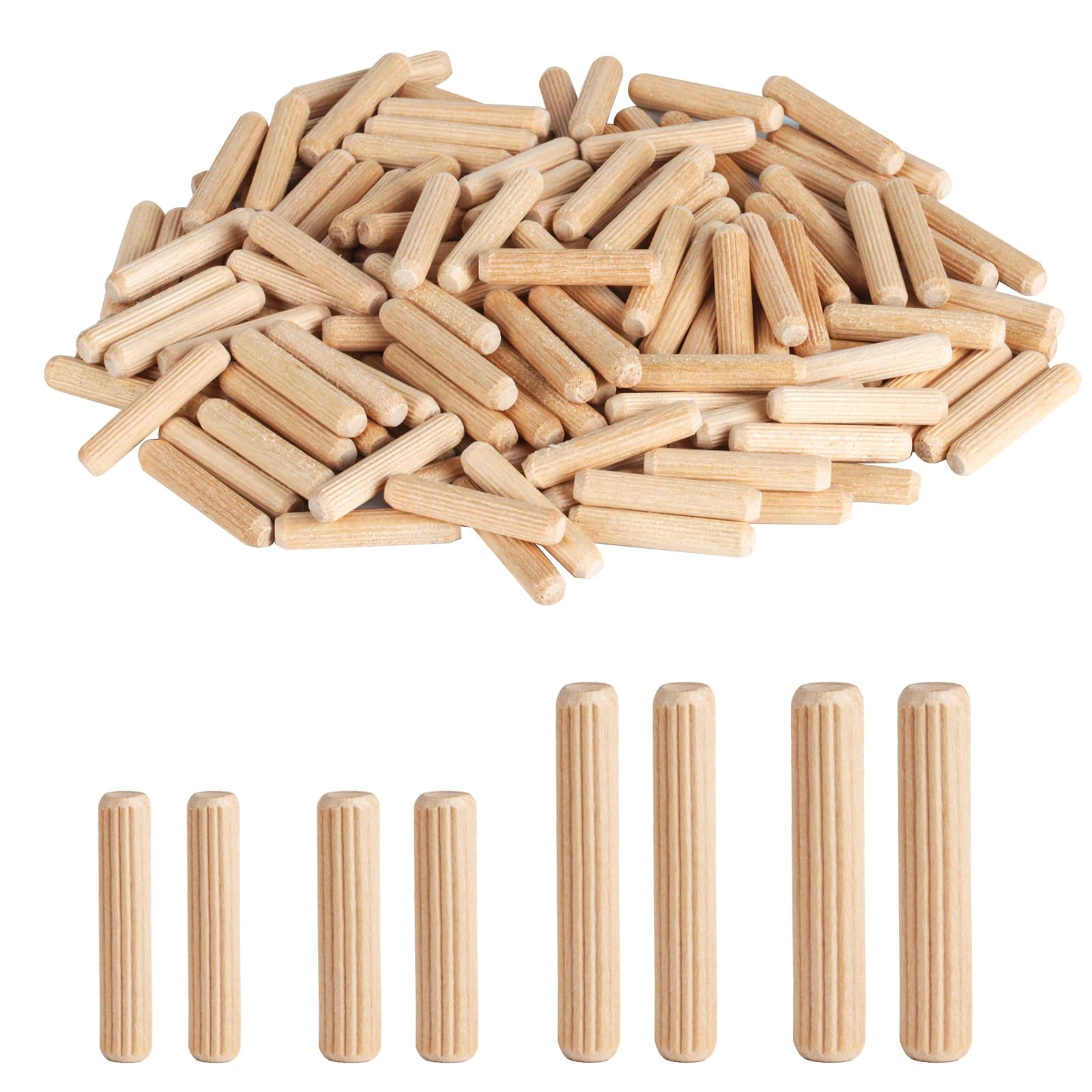 250 Pcs Wooden Dowel Pins, Wood Dowels, 1/4" 5/16" 3/8" Fluted Wood ...