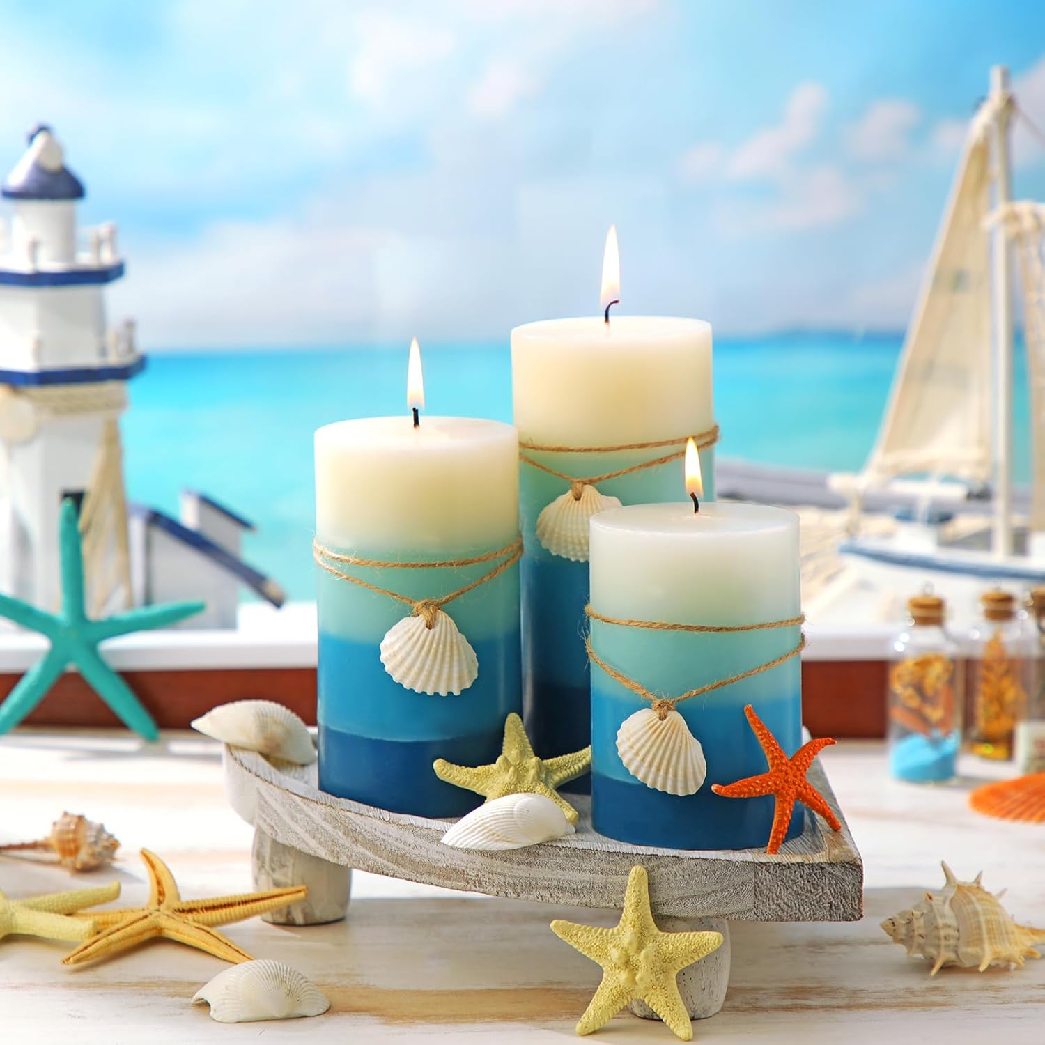 Amazon.com: Threlaco 3 Pack Ocean Breeze Pillar Candles with Shell Blue ...