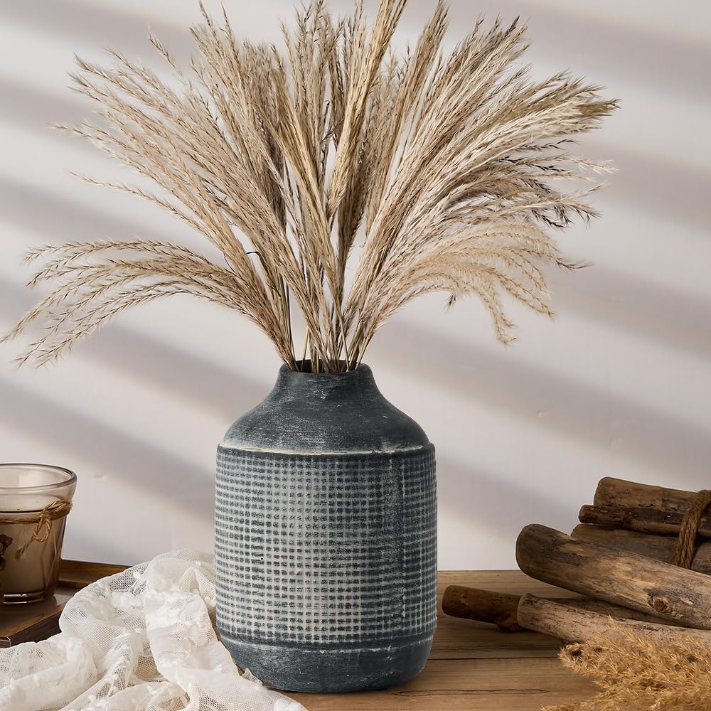 PORCER Black Textured Boho Ceramic Rustic Farmhouse Vase | Tall 7.4 ...