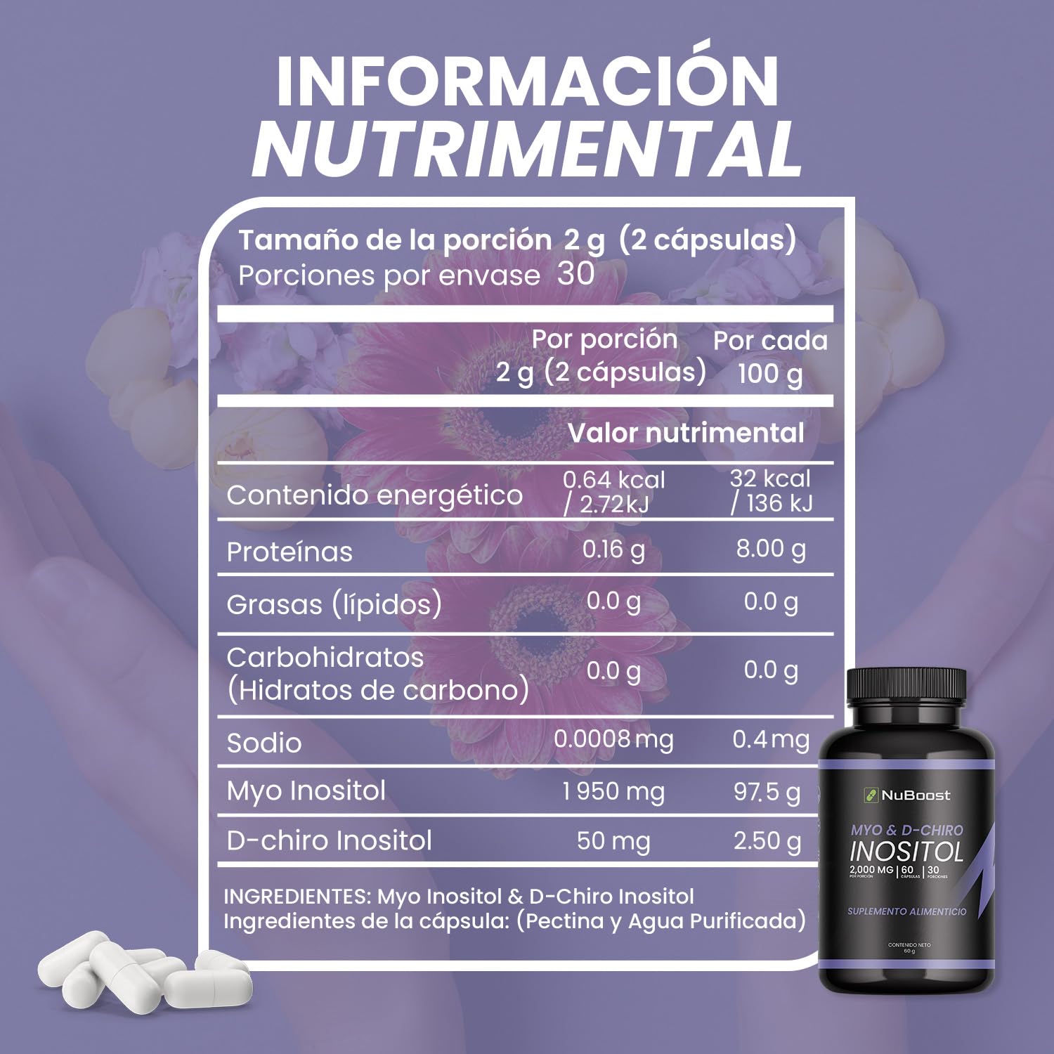 Nuboost Inositol de 60 Cápsulas De 2g - Myo Inositol - Myo Inositol y D ...