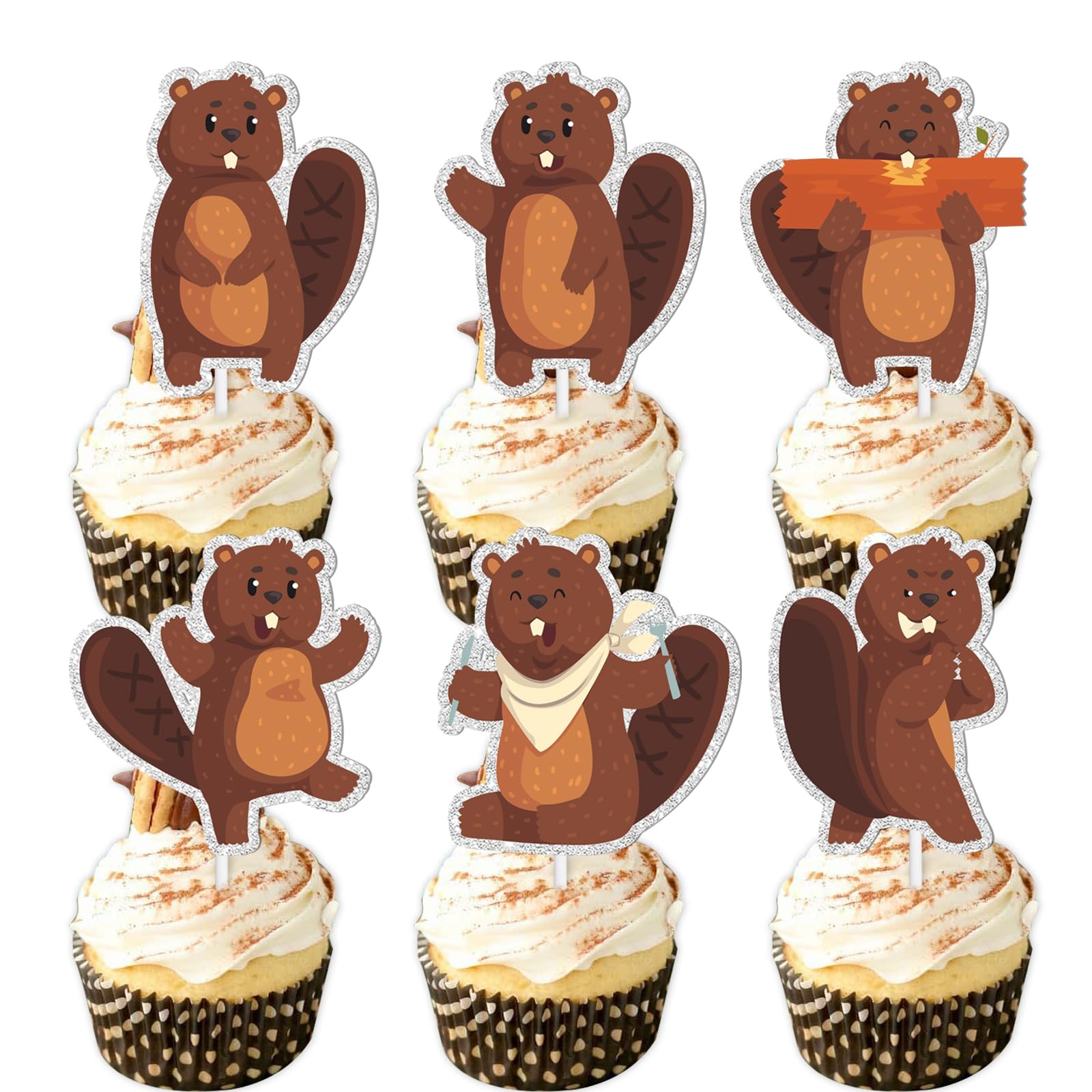 Amazon.com: 18pcs Brown Glitter Cartoon Beaver Dessert Cupcake Topper ...