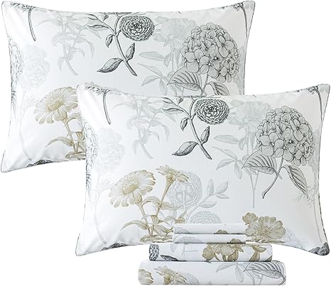 Amazon.com: FADFAY Queen Sheets Set Percale Cotton Grey Floral Bed ...