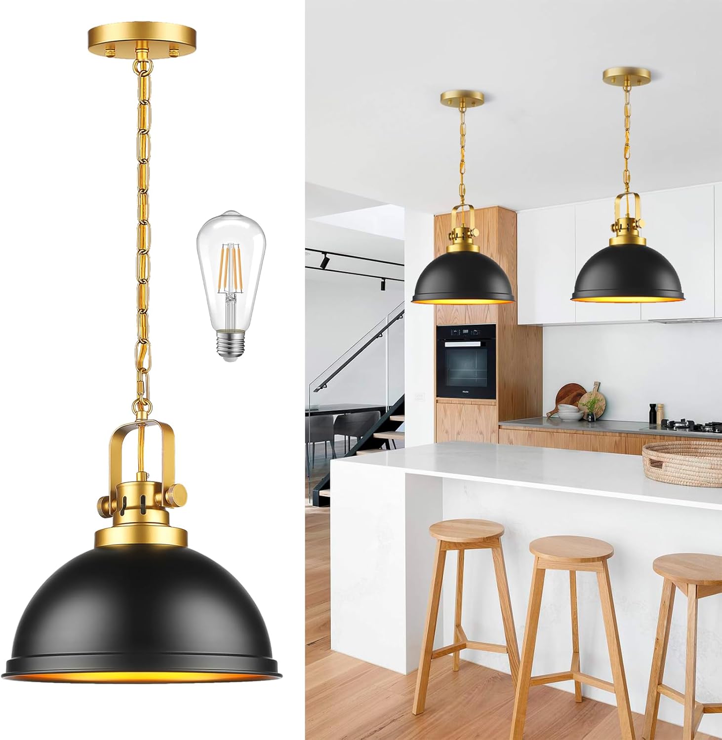 Mgcanyu Farmhouse Black and Gold Pendant Lights Kitchen Island, Matte ...
