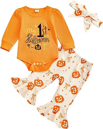 Amazon.com: Socutebabe My First Halloween Baby Girl Outfit Newborn Pumpkin Onesie Bell Bottoms ...