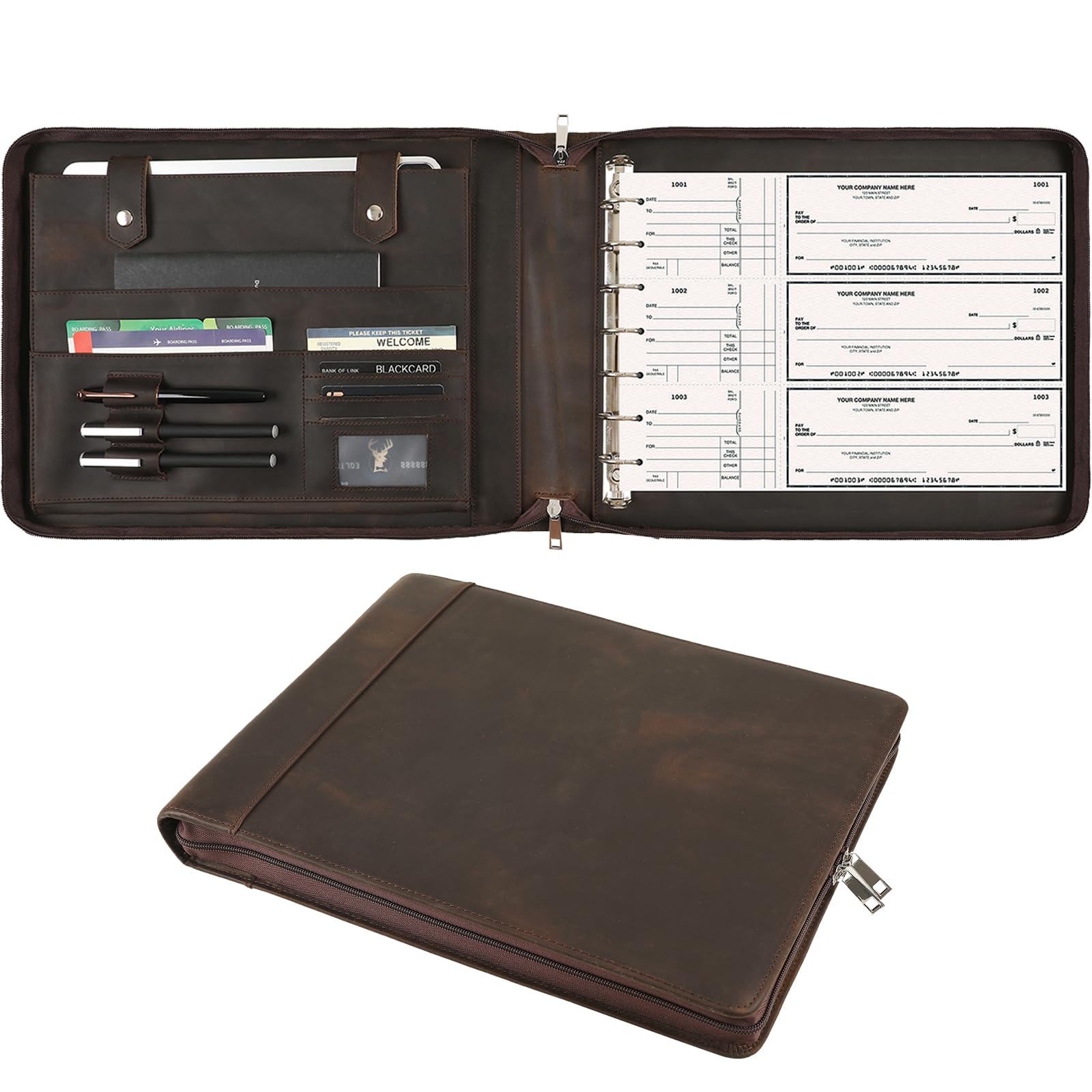 Amazon.com : GZRHKJ 7 Ring Bussiness Checkbook Binder, Genuine Leather ...