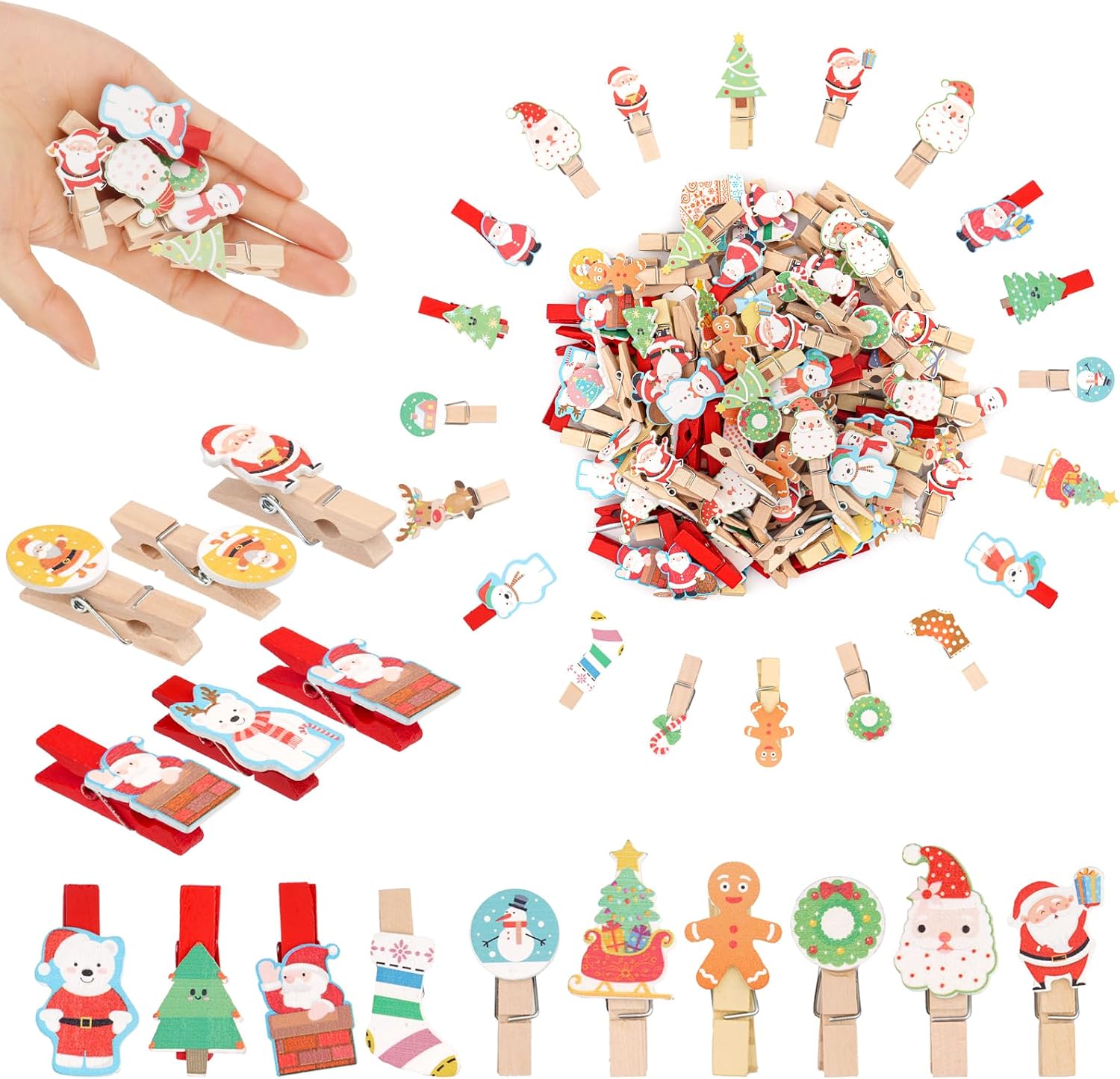Ailvor 100pcs Christmas Mini Pegs, Wooden Clips with Jute String, Xmas ...