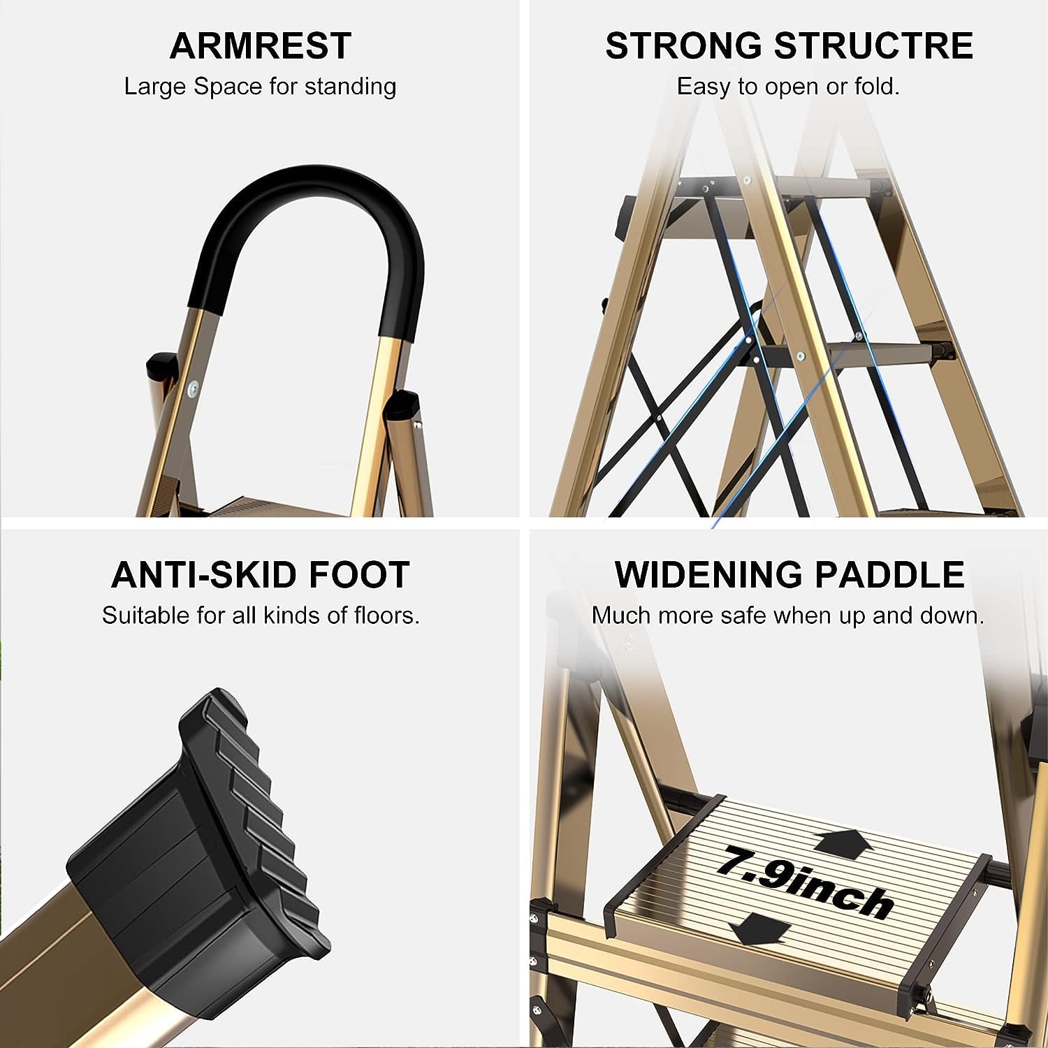 GameGem 6 Step Ladder, Aluminum Folding Step Stool with Anti-Slip ...