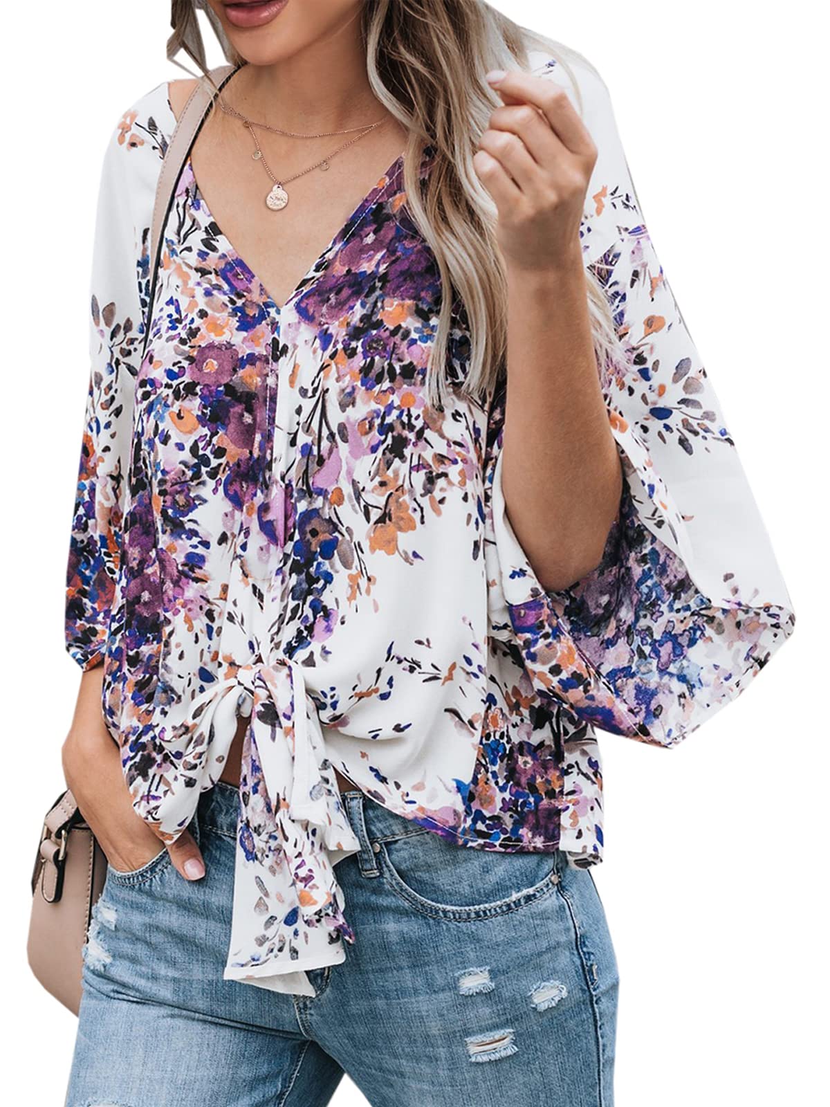 Farktop Womens Floral V Neck Tie Knot Front Blouses Bat Wing Short ...
