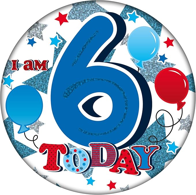 Age 6 Birthday Badge Blue, Red And Silver Balloons Holographic ...